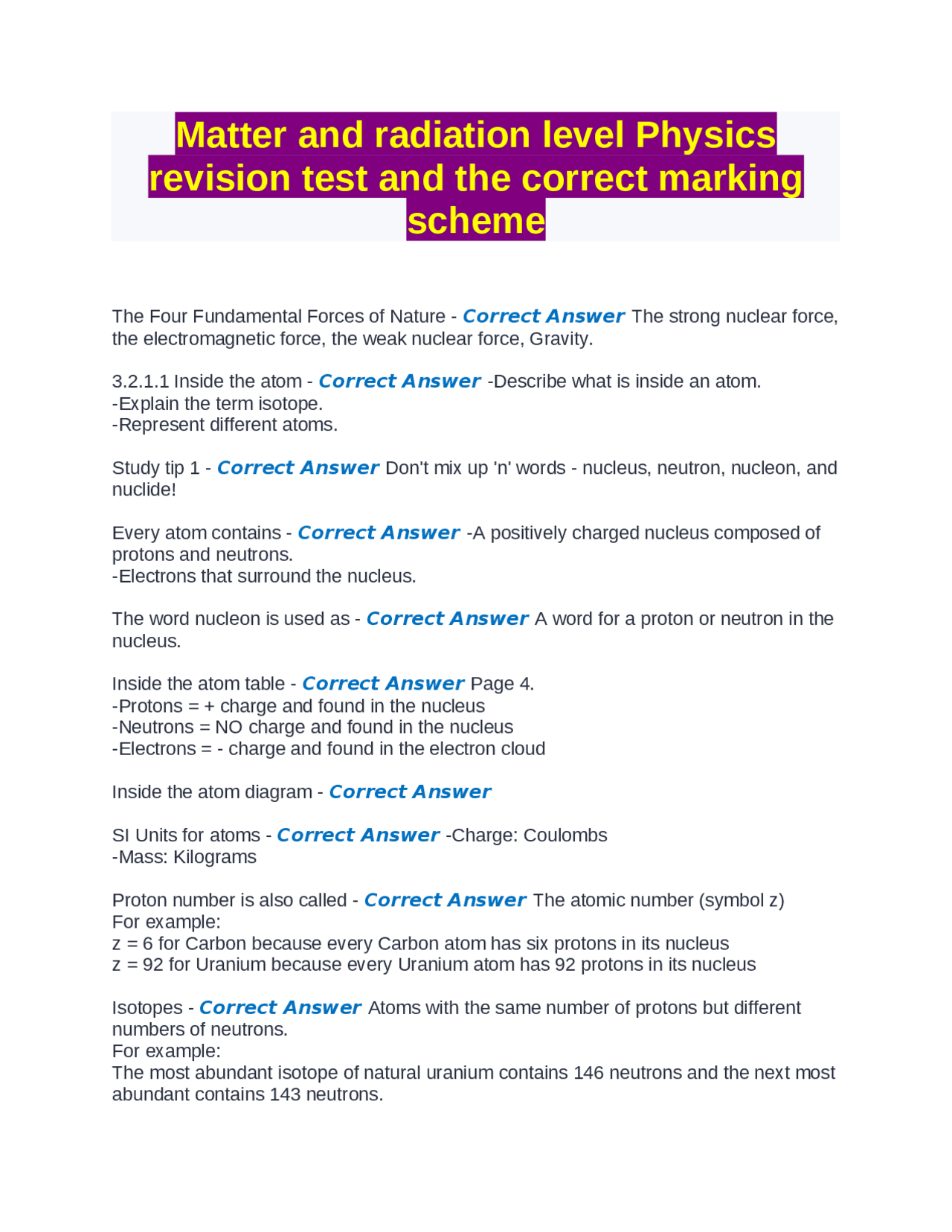Matter and radiation level Physics revision test and the correct ...