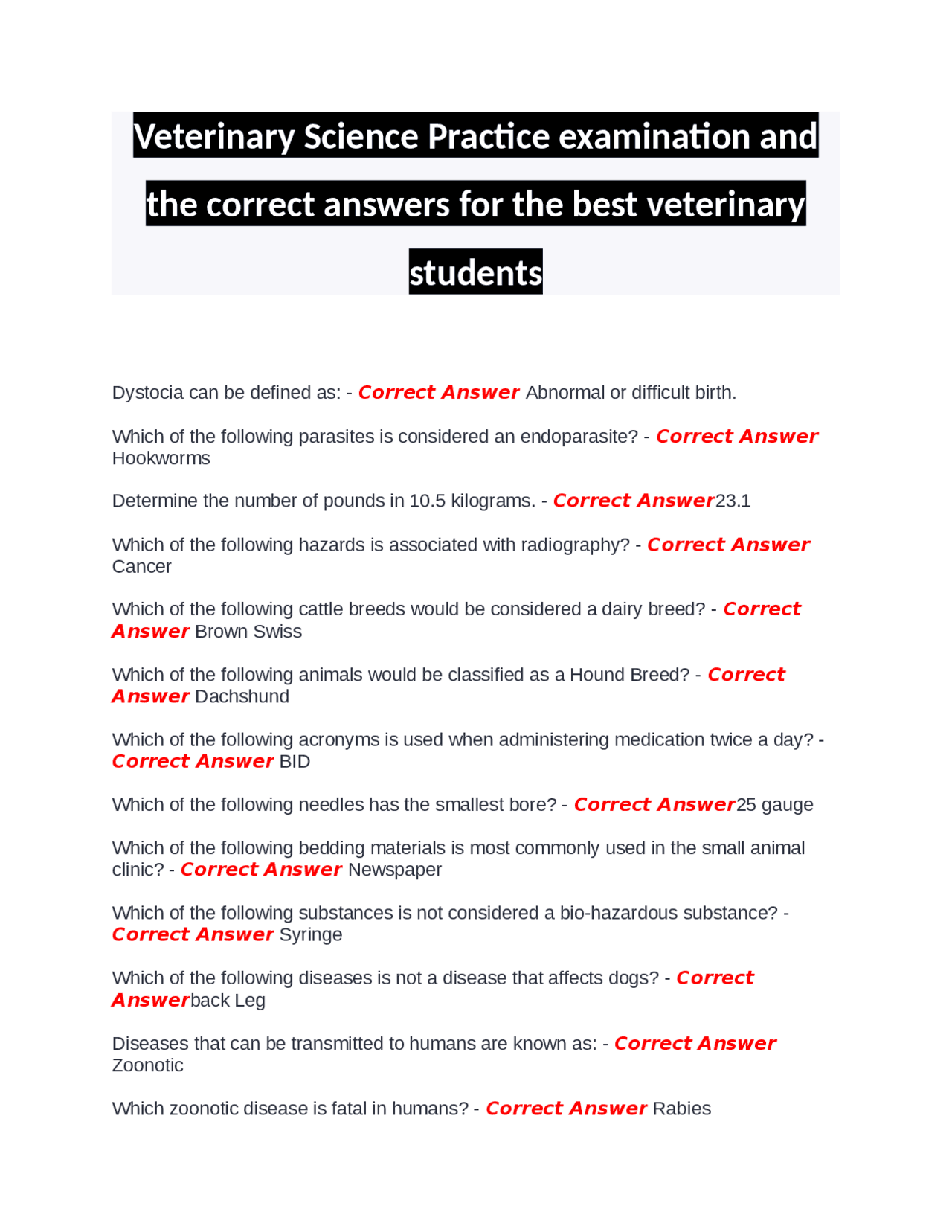 Veterinary Science Practice examination and the correct answers for the best veterinary st ...