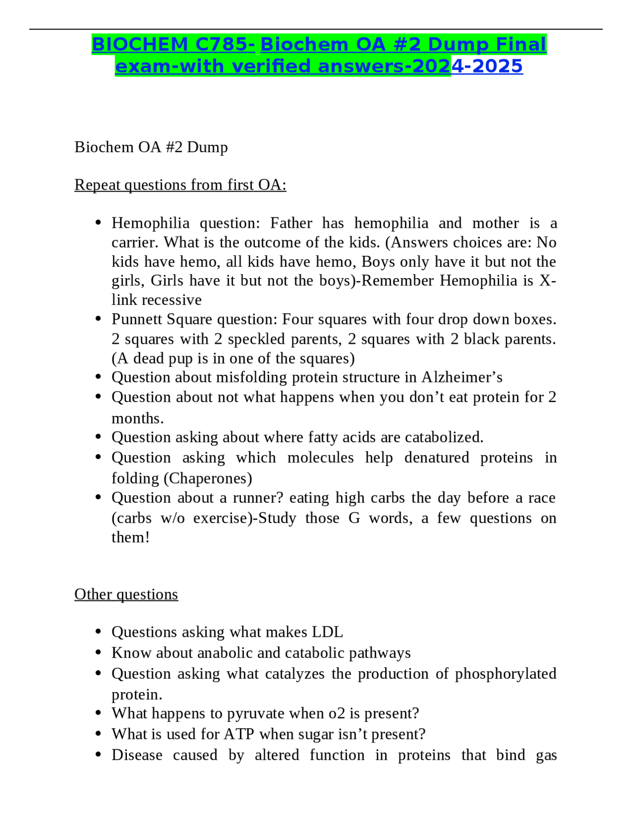 BIOCHEM C785- Biochem OA #2 Dump Final exam-with verified answers-2024 ...