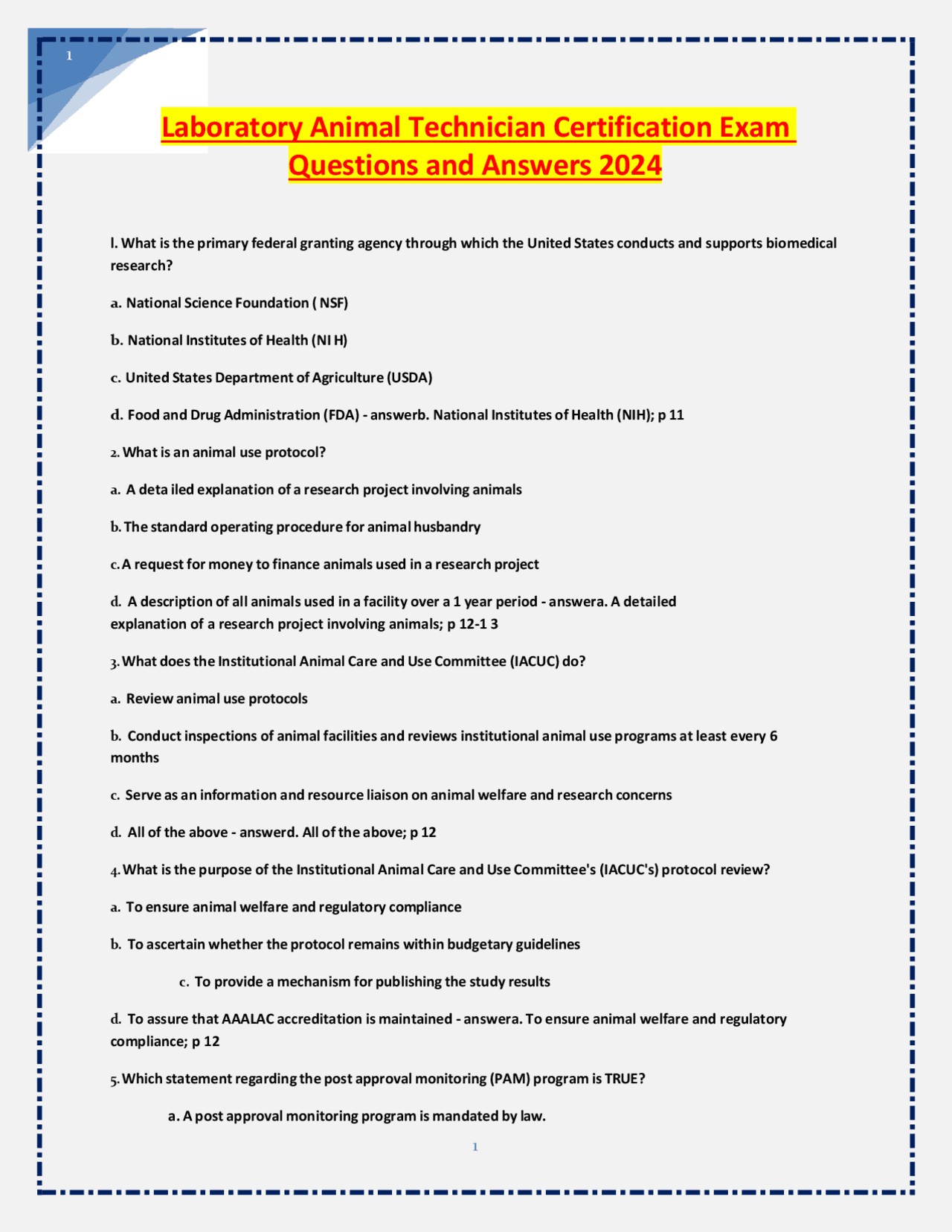 Laboratory Animal Technician Certification Exam Questions and Answers ...