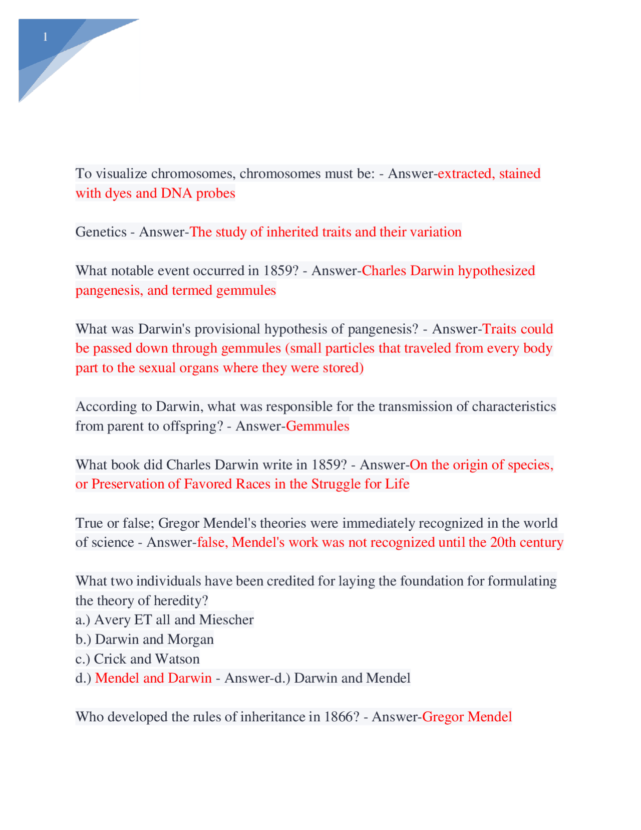 HUMAN GENETICS (BMD 350) EXAM I TEST BANK Latest Verified Review 2024 ...