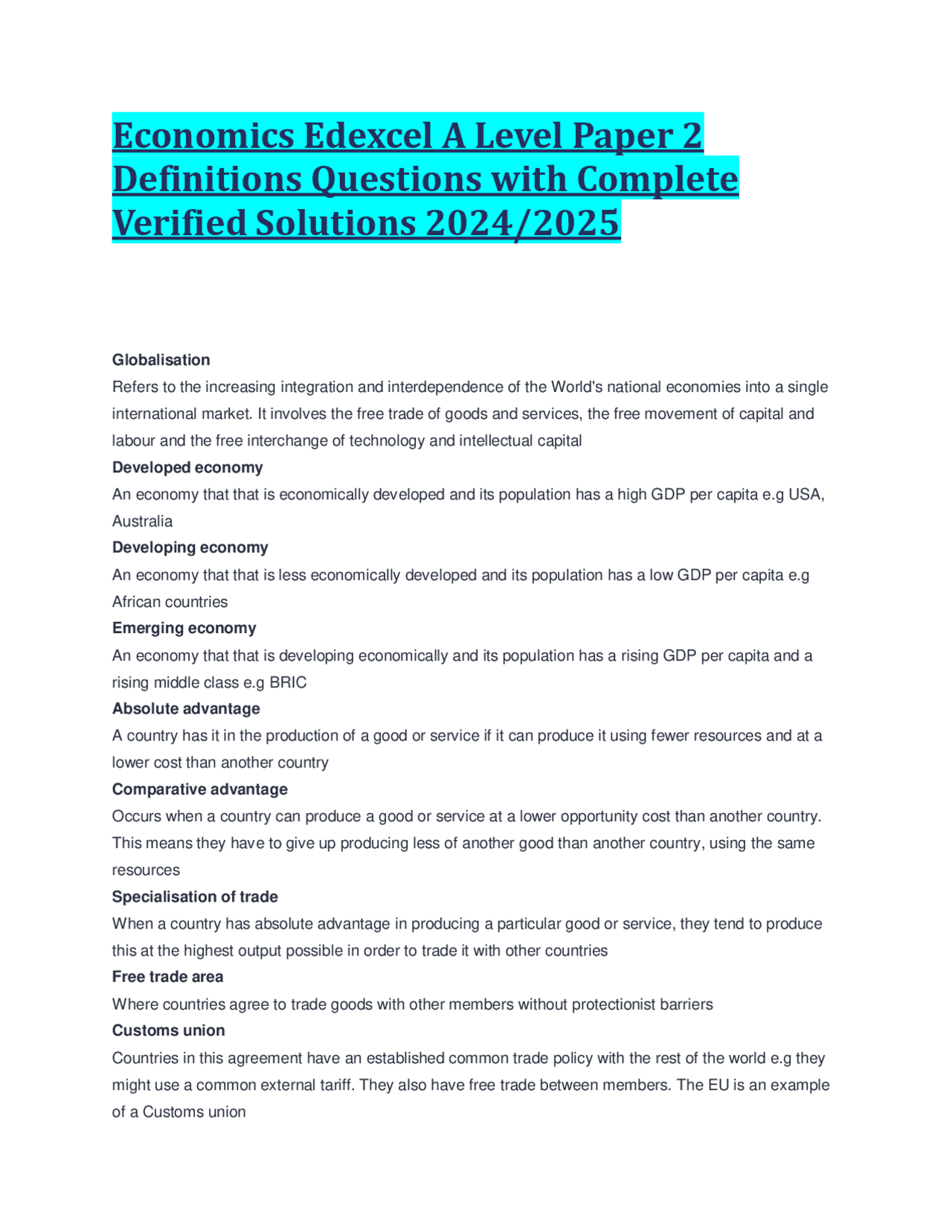 Economics Edexcel A Level Paper 2 Definitions Questions with Complete ...
