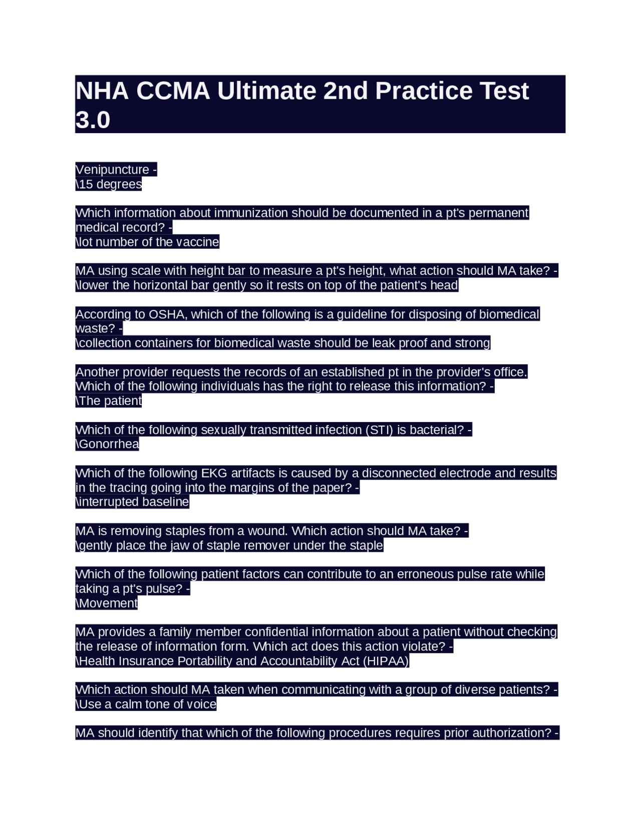 NHA CCMA Ultimate 2nd Practice Test 3.0 | Exams Clinical Medicine | Docsity