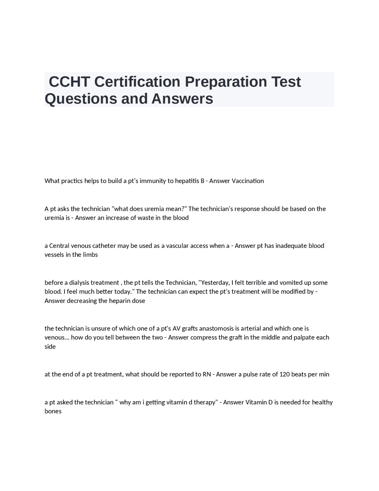 CCHT Certification Preparation Test Questions and Answers | Exams ...