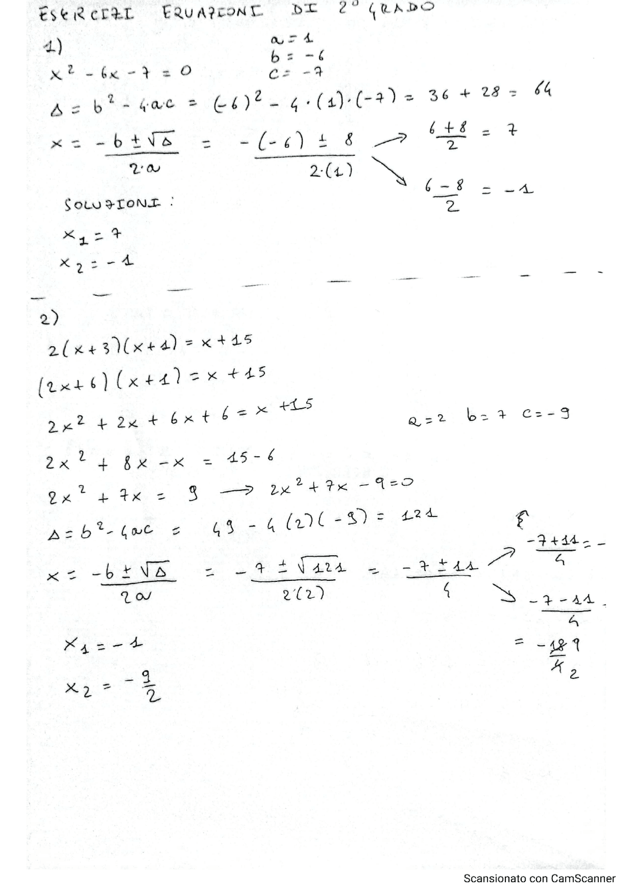 Equazione di 2° (secondo) grado esercizi svolti | Esercizi di Matematica | Docsity