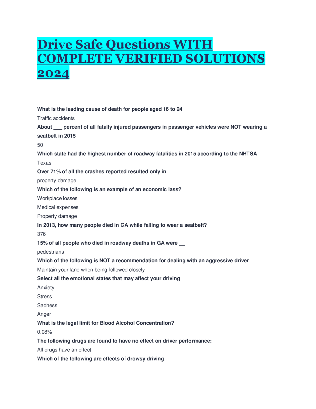 Drive Safe Questions WITH COMPLETE VERIFIED SOLUTIONS 2024 | Exams ...