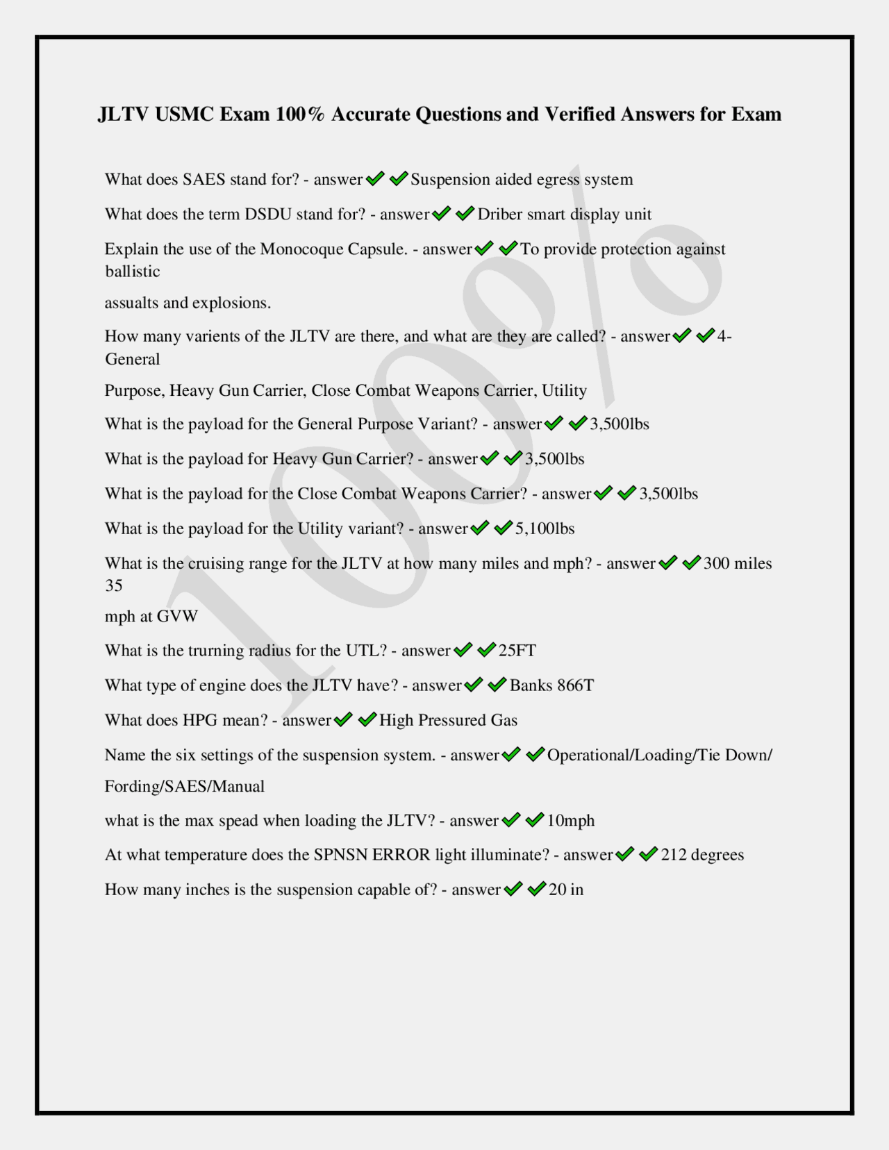 JLTV USMC Exam 100% Accurate Questions and Verified Answers for Exam ...