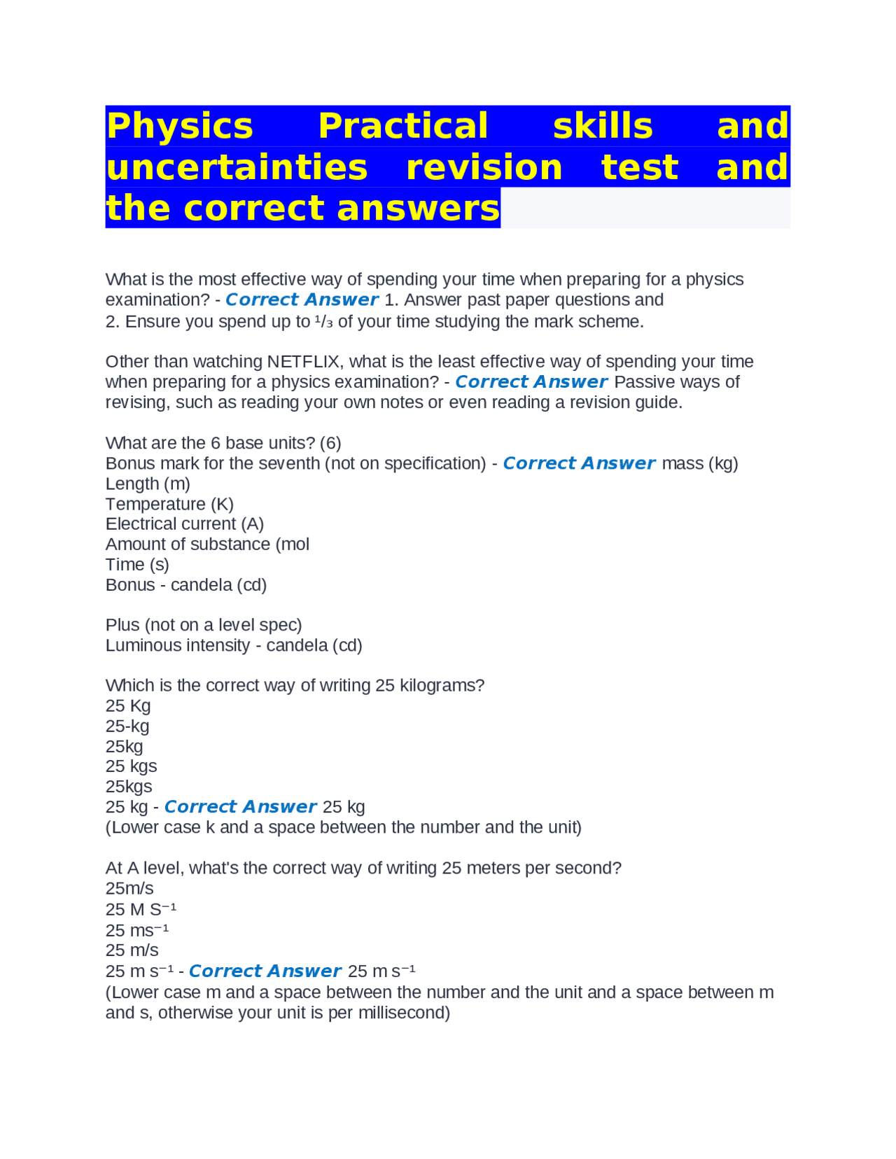 Physics Practical skills and uncertainties revision test and the ...