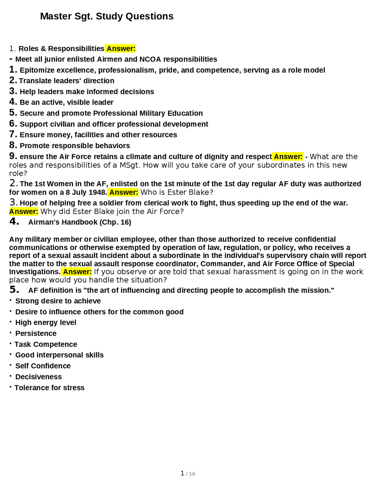 Master Sgt. Study Exam Questions and Complete Solutions Graded A+ ...