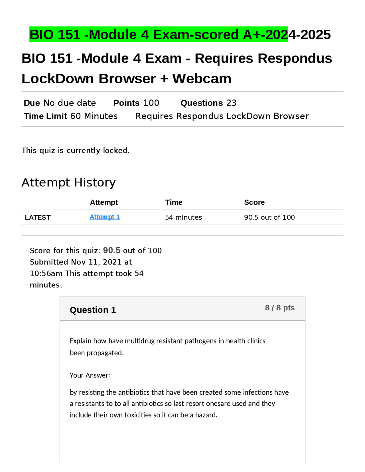 BIO 151 -Module 4 Exam-scored A+-2024-2025.docx | Exams Nursing | Docsity