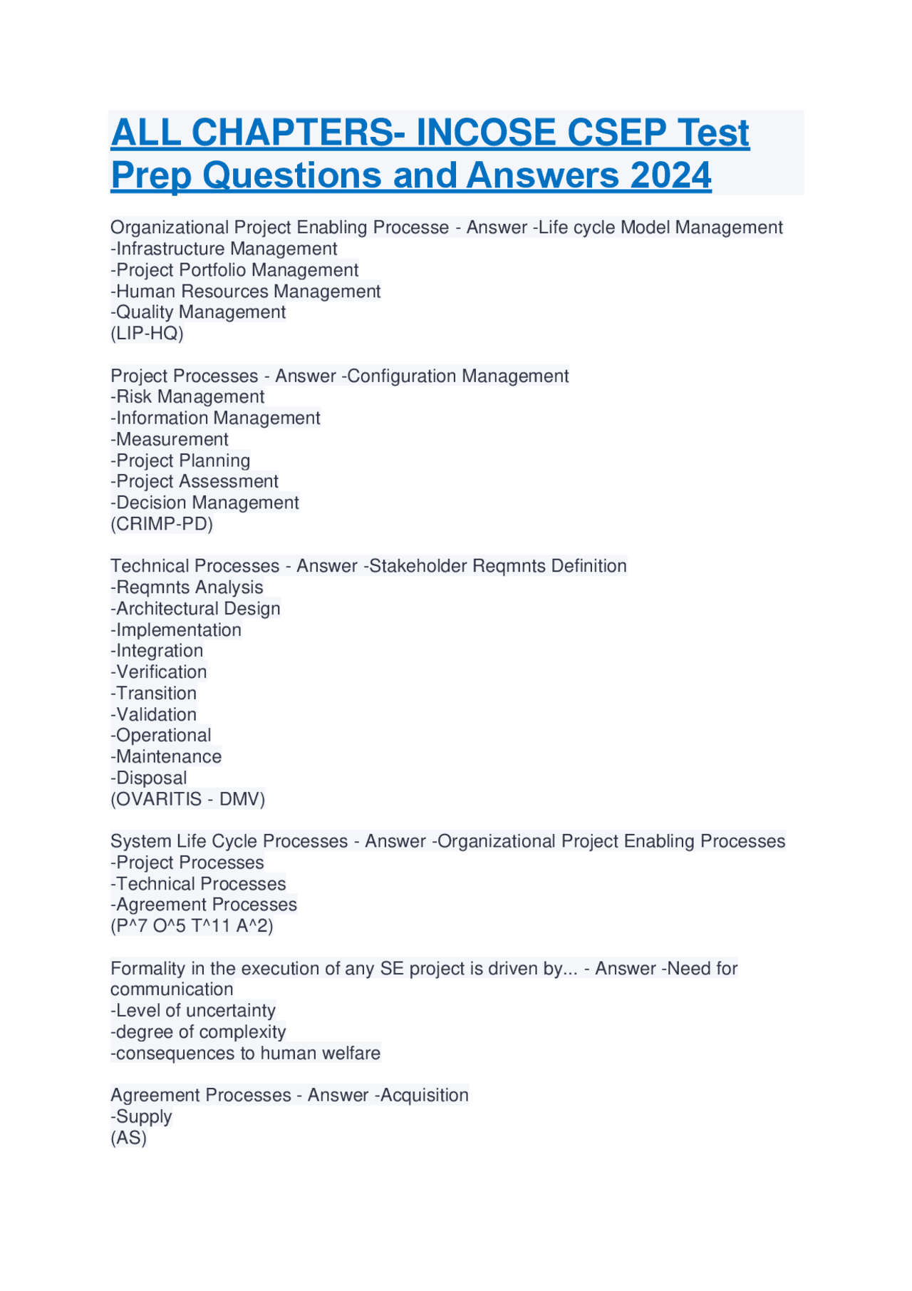 All Chapters Incose Csep Test Prep Questions And Answers 2024 Exams Nursing Docsity