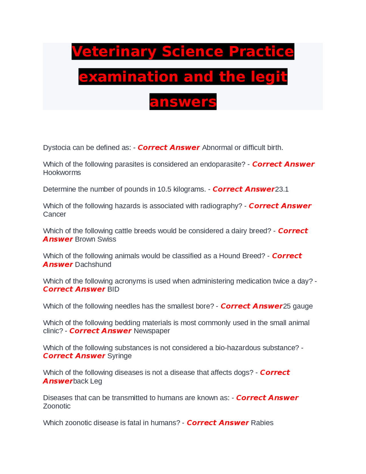 Veterinary Science Practice examination and the legit answers | Exams Veterinary | Docsity
