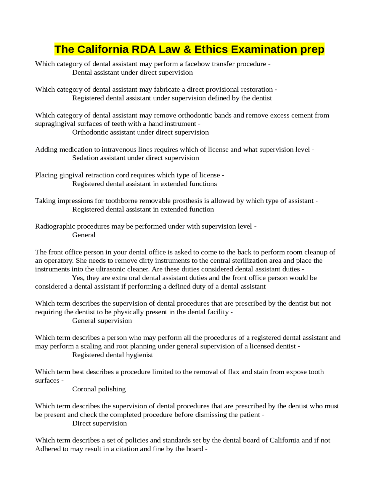 The California RDA Law & Ethics Examination prep. | Exams Dentistry ...