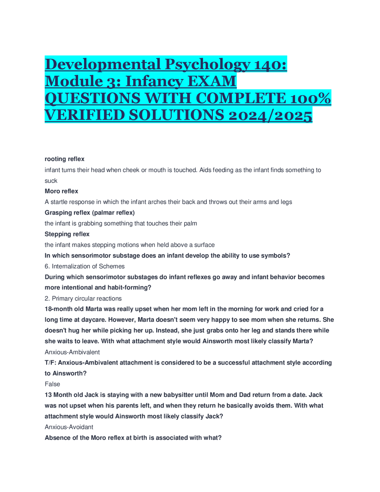 Developmental Psychology 140: Module 3: Infancy EXAM QUESTIONS WITH COMPLETE 100% VERIFIED ...