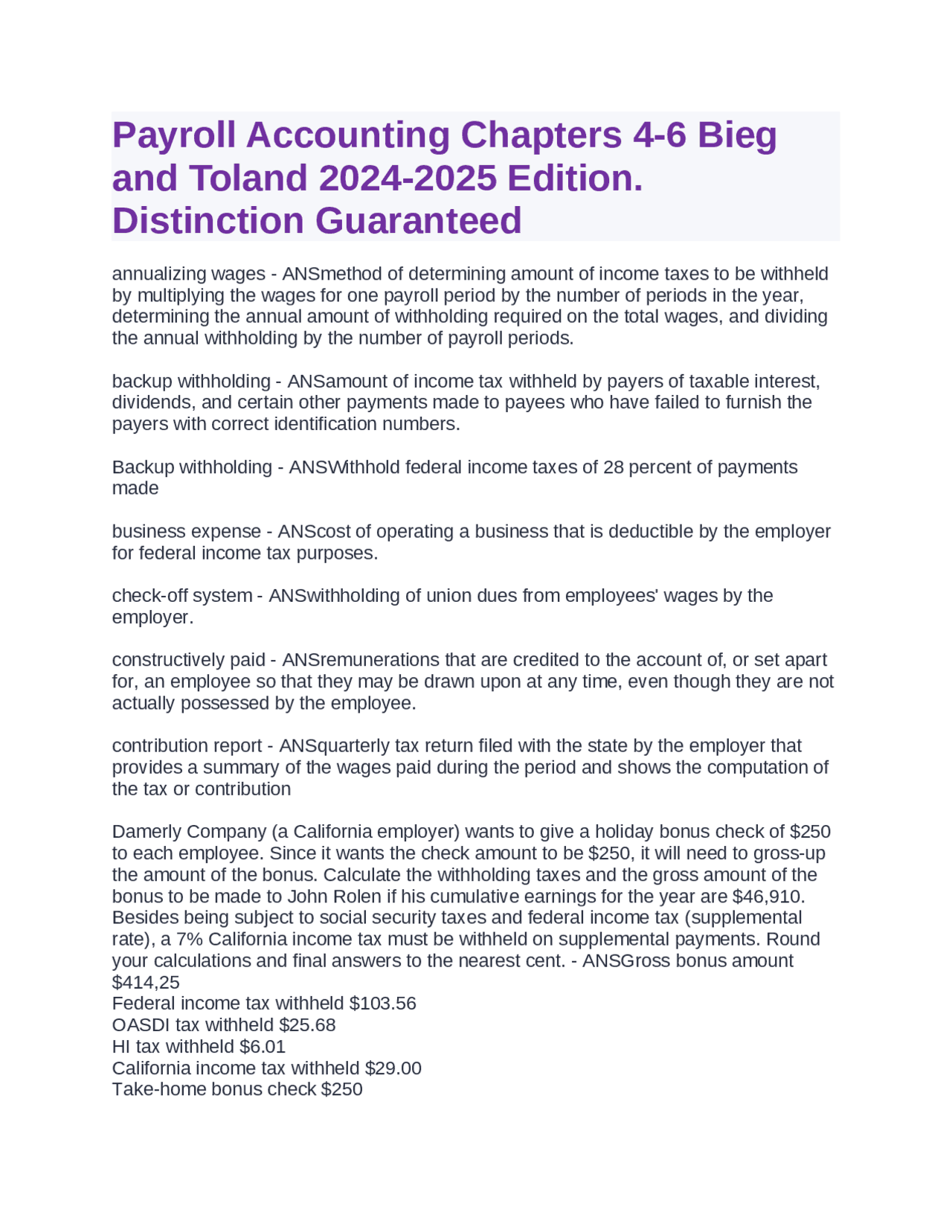 Payroll Accounting Chapters 4-6 Bieg and Toland 2024-2025 Edition ...