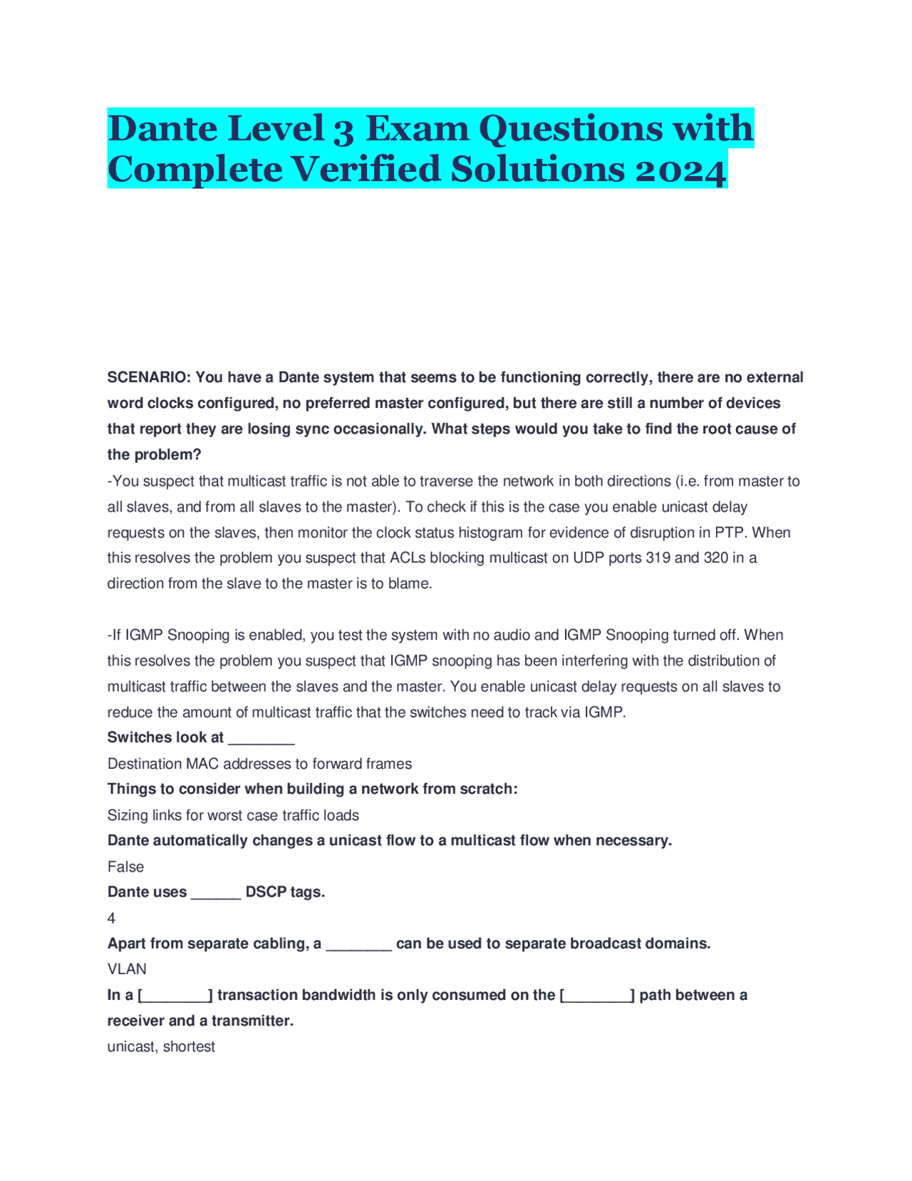 Dante Level 3 Exam Questions with Complete Verified Solutions 2024 ...