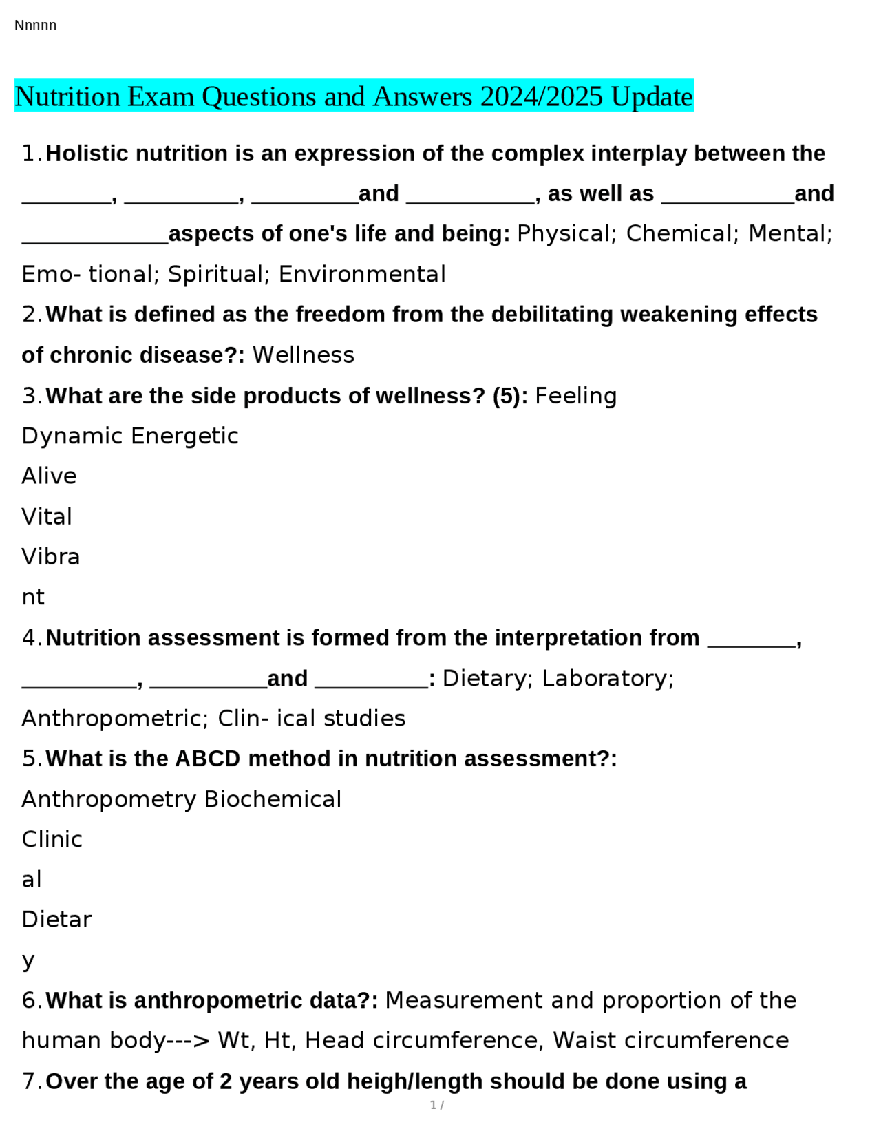 Nutrition Exam Questions and Answers 2024/2025 Update | Exams Nutrition ...