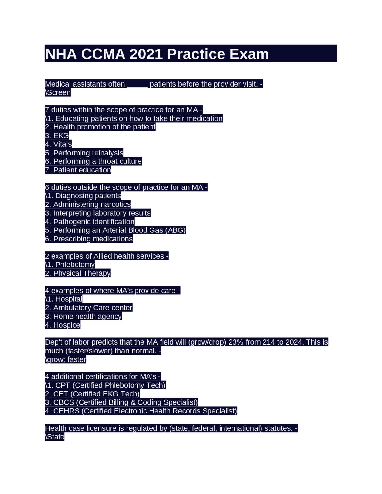 NHA CCMA 2021 Practice Exam | Exams Clinical Medicine | Docsity
