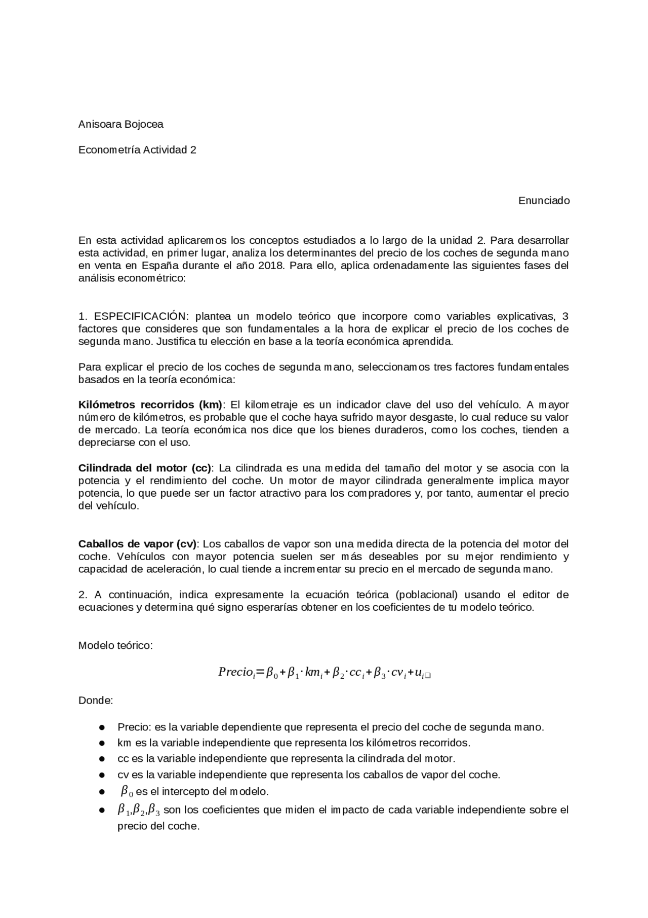 actividad unidad econometria | Guías, Proyectos, Investigaciones de Econometría | Docsity