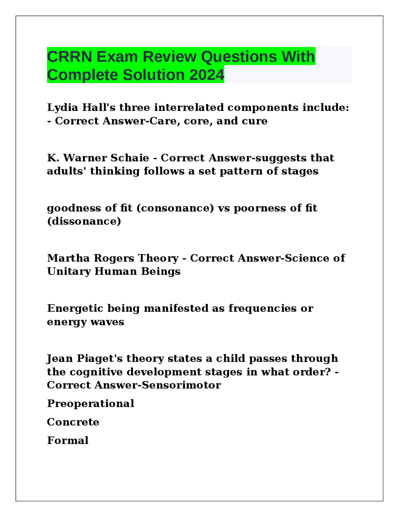 CRRN Exam Review Questions With Complete Solution 2024 | Exams Advanced ...