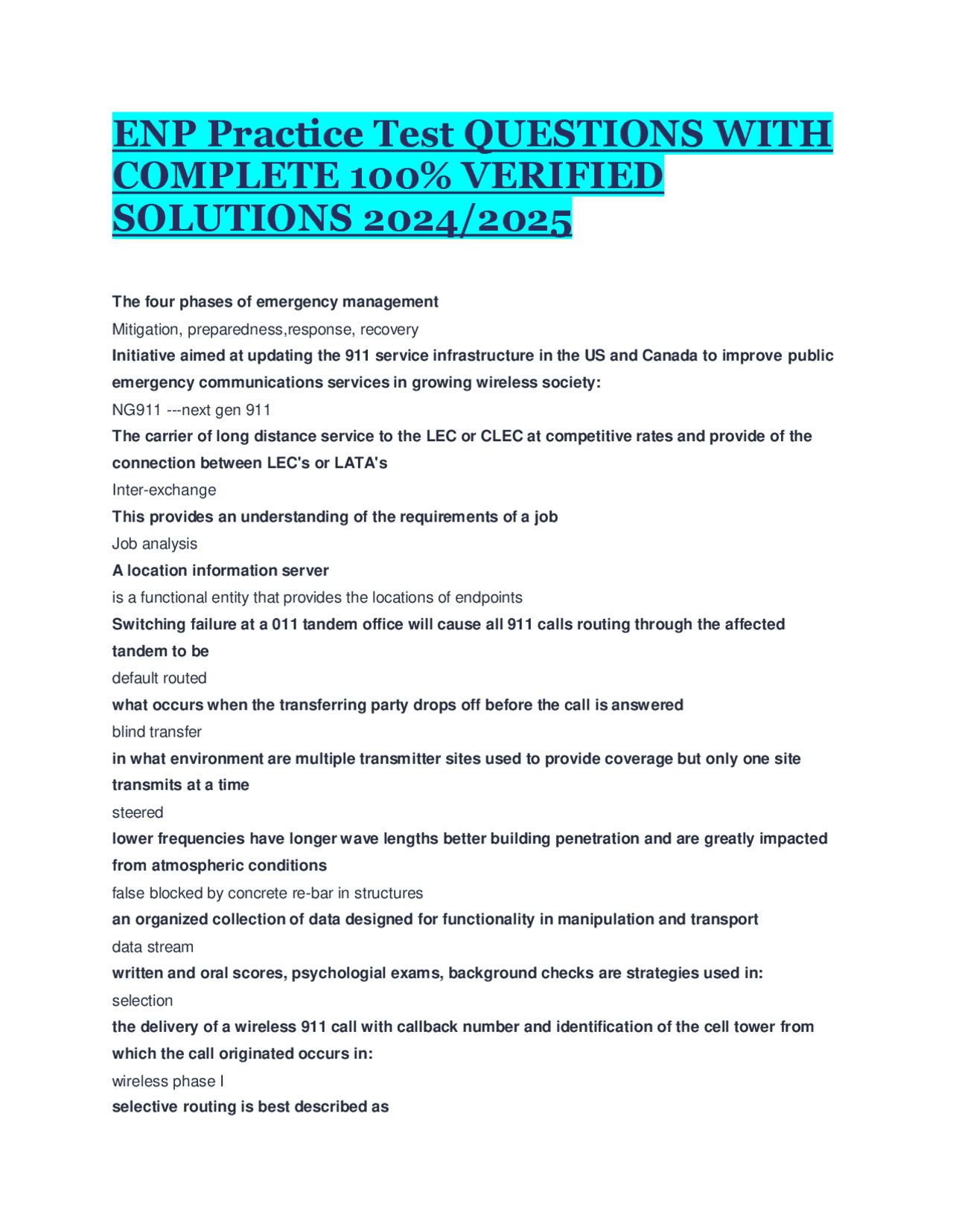 ENP Practice Test QUESTIONS WITH COMPLETE 100% VERIFIED SOLUTIONS 2024/ ...