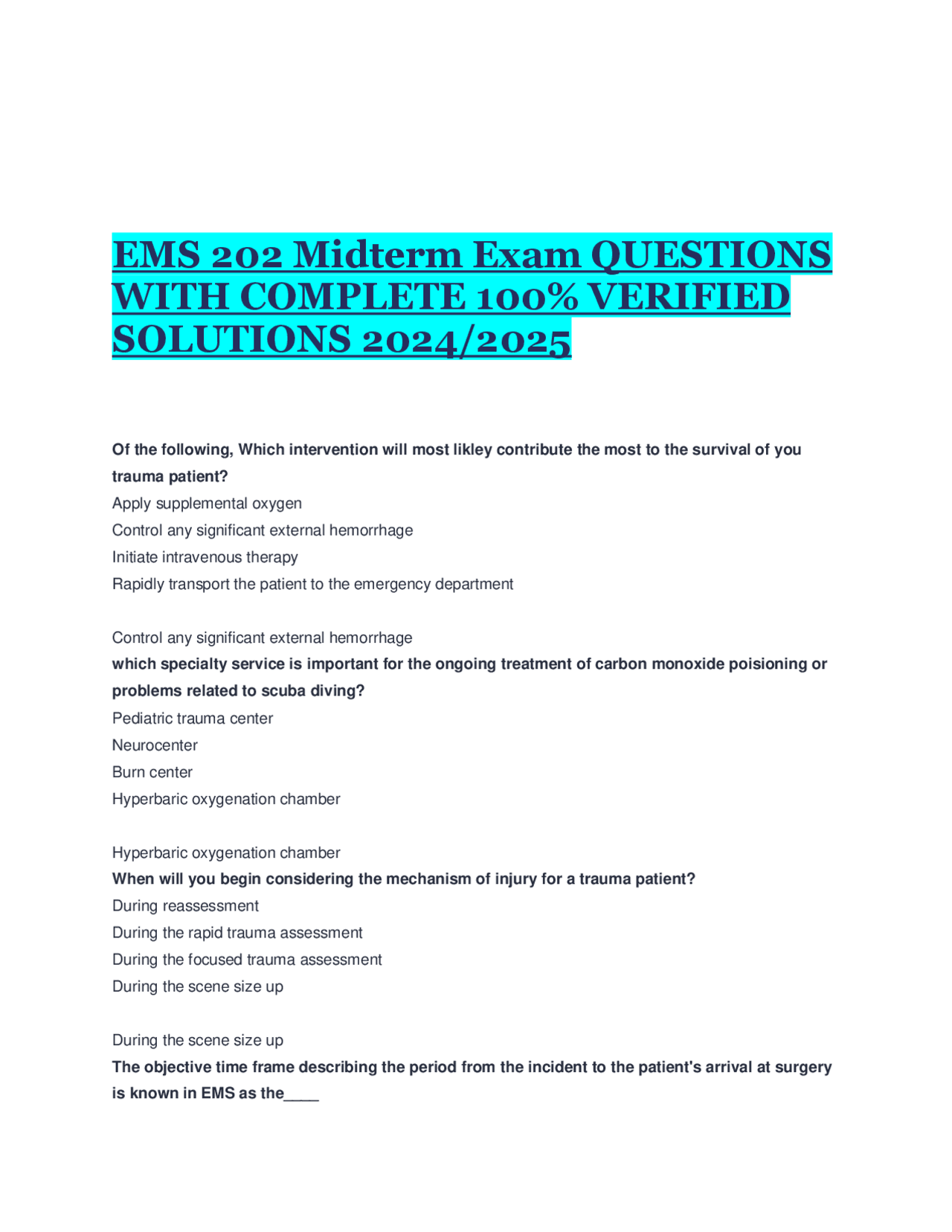 EMS 202 Midterm Exam QUESTIONS WITH COMPLETE 100% VERIFIED SOLUTIONS 2024/2025 | Exams Health ...