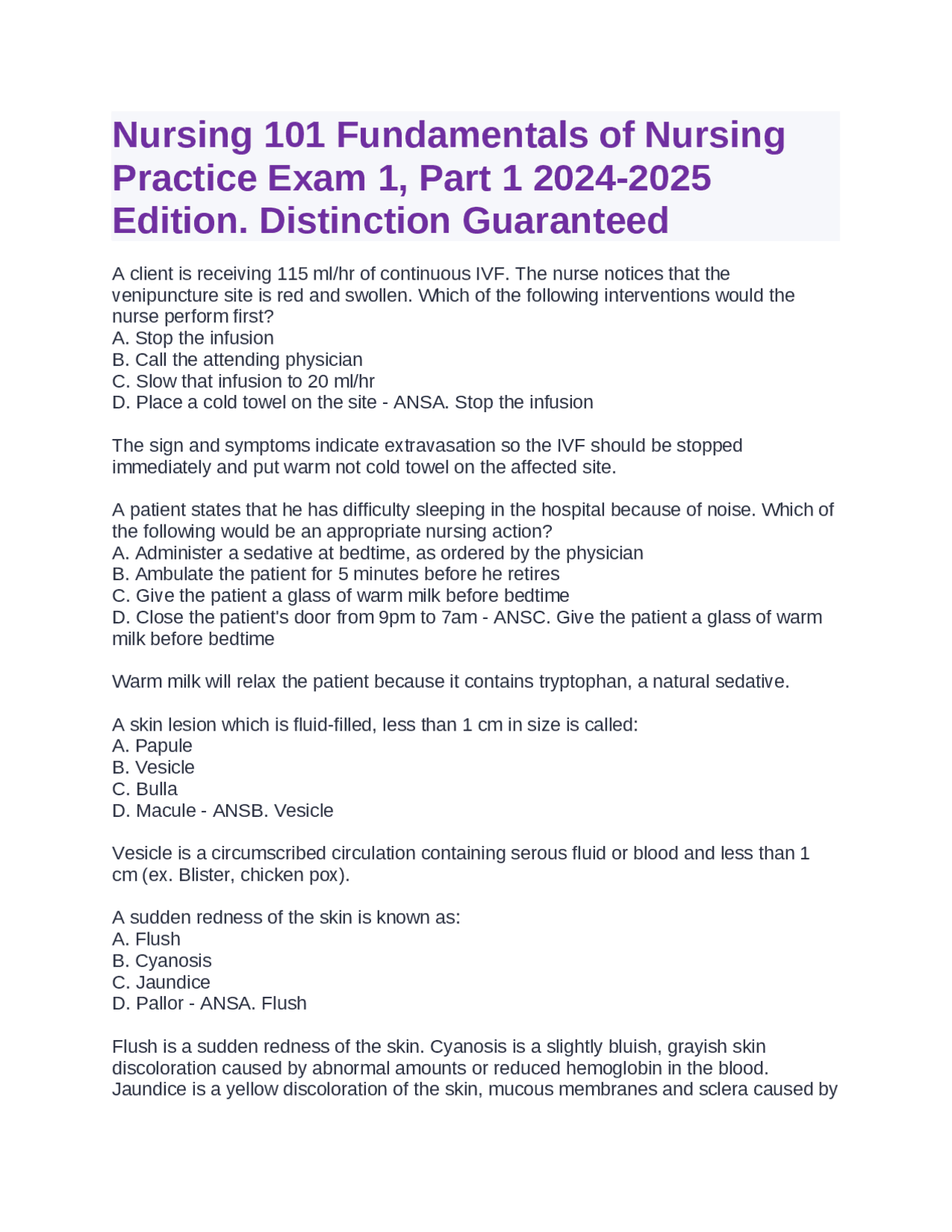 Nursing 101 Fundamentals of Nursing Practice Exam 1, Part 1 2024-2025 ...