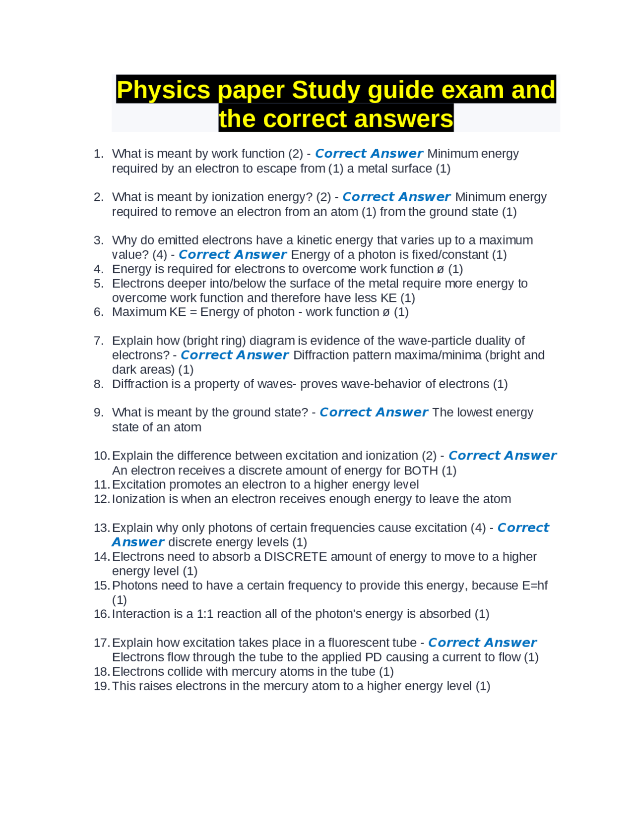 Physics paper Study guide exam and the correct answers | Exams Physics | Docsity