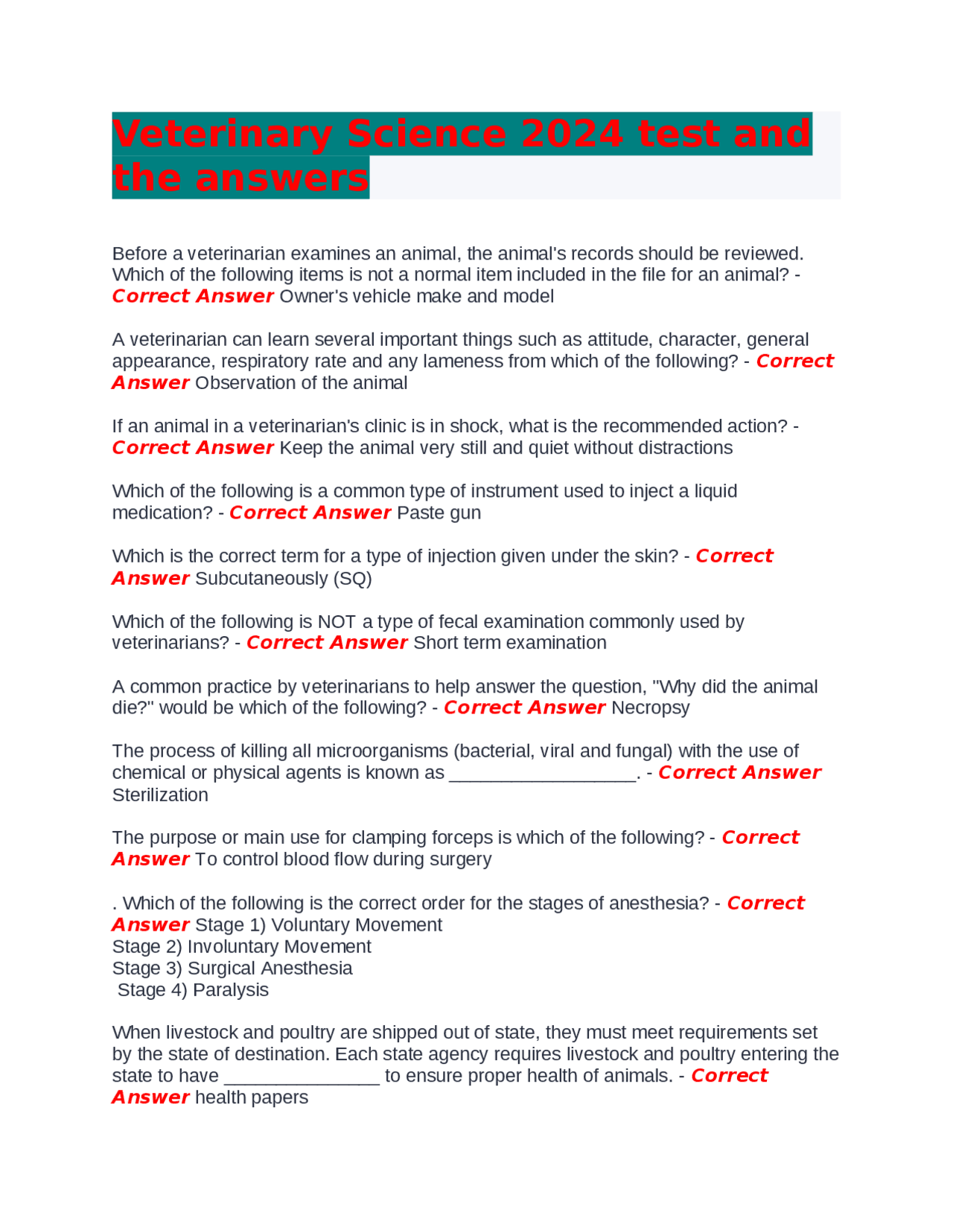 Veterinary Science 2024 test and the answers | Exams Veterinary | Docsity