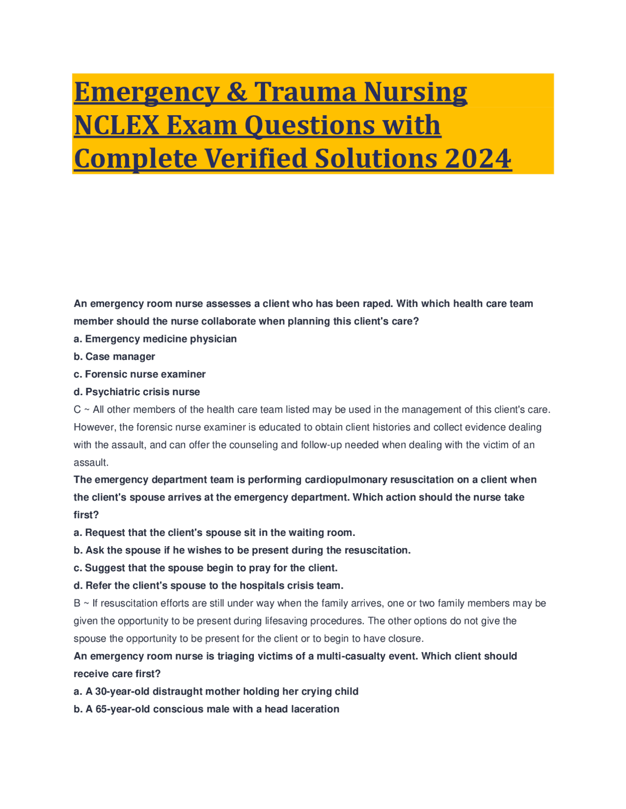 Emergency & Trauma Nursing NCLEX Exam Questions with Complete Verified ...