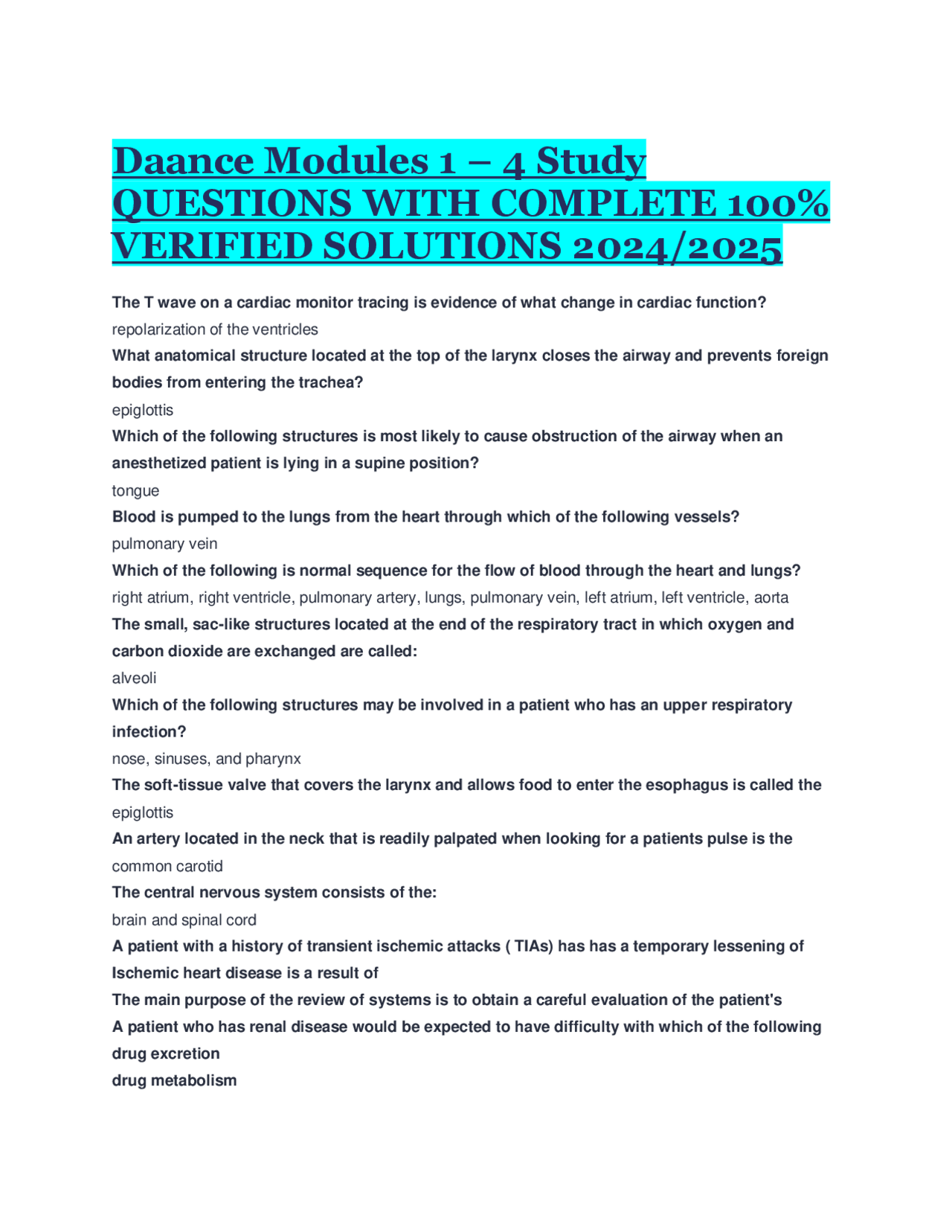 Daance Modules 1 – 4 Study QUESTIONS WITH COMPLETE 100% VERIFIED SOLUTIONS 2024/2025 | Exams ...