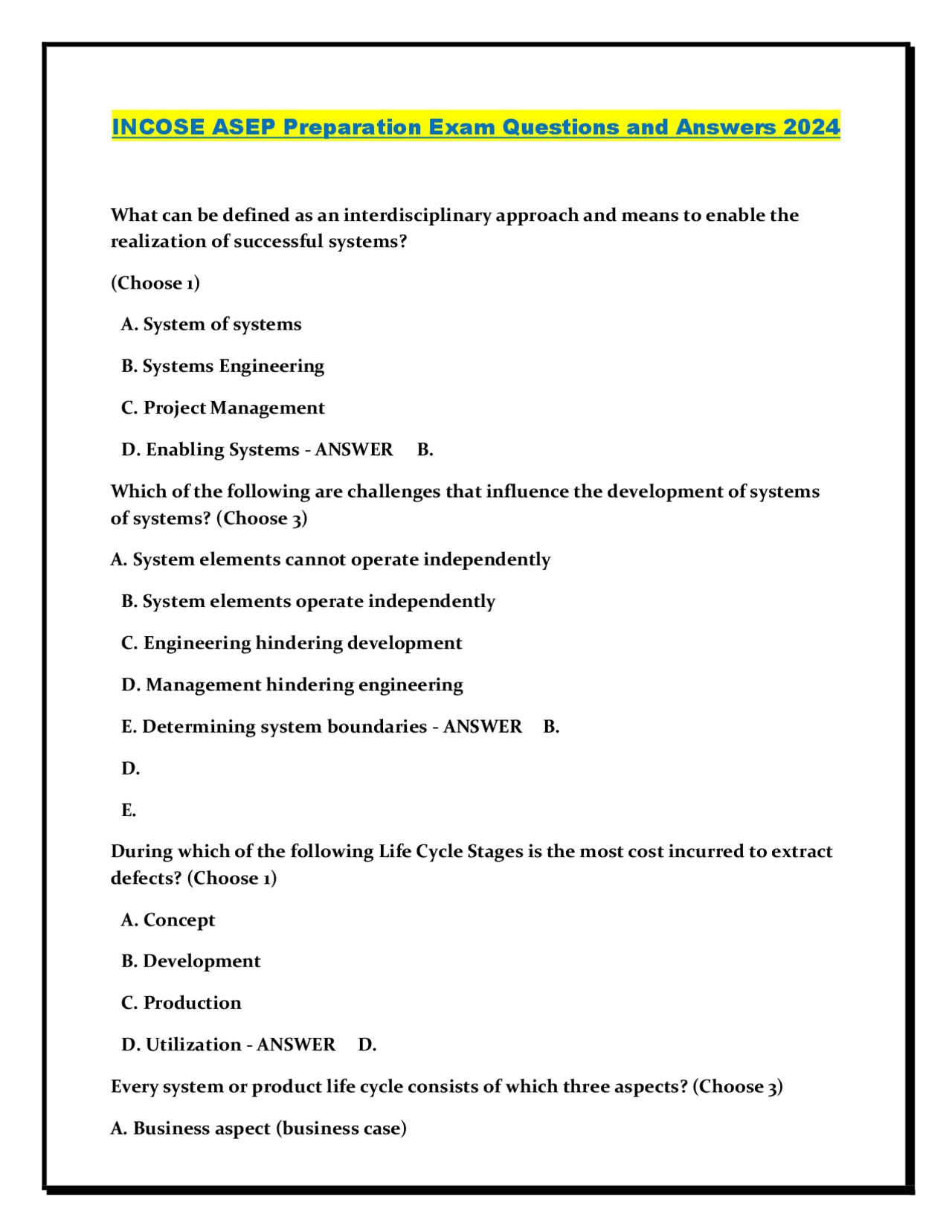 INCOSE ASEP Preparation Exam Questions and Answers 2024 | Exams Nursing ...