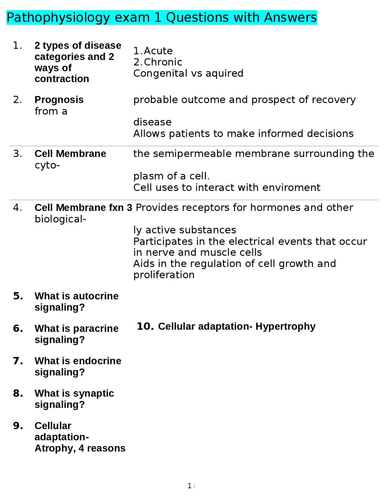 Pathophysiology exam 1 Questions with Answers | Exams Pathophysiology | Docsity