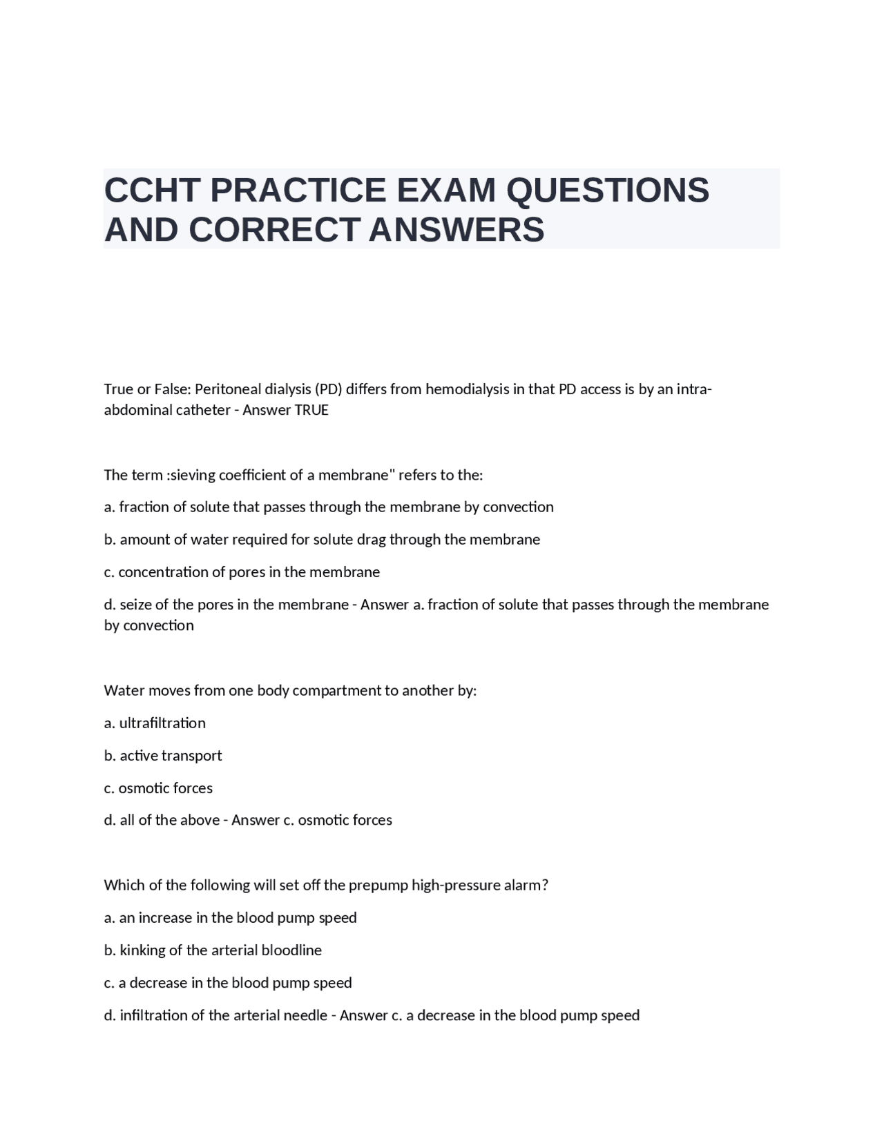 CCHT PRACTICE EXAM QUESTIONS AND CORRECT ANSWERS | Exams Nursing | Docsity