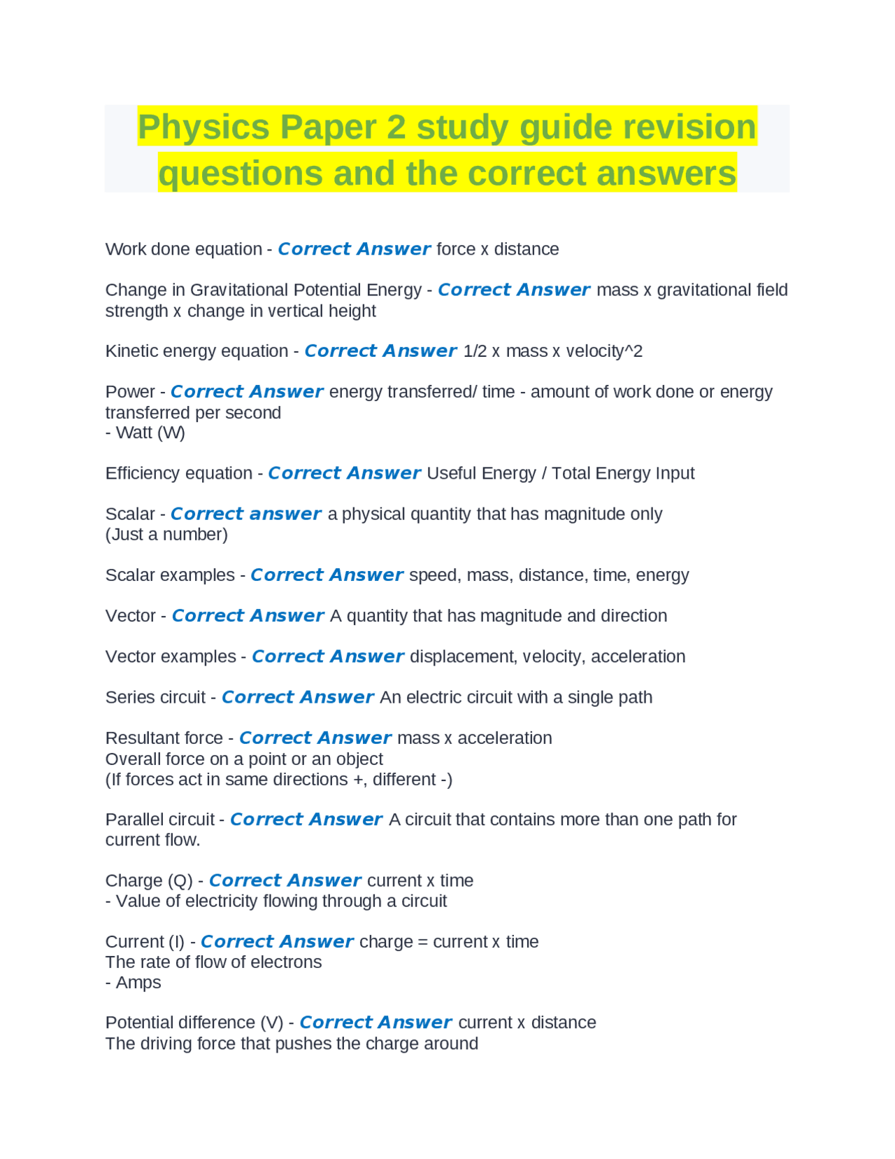 Physics Paper 2 study guide revision questions and the correct answers ...