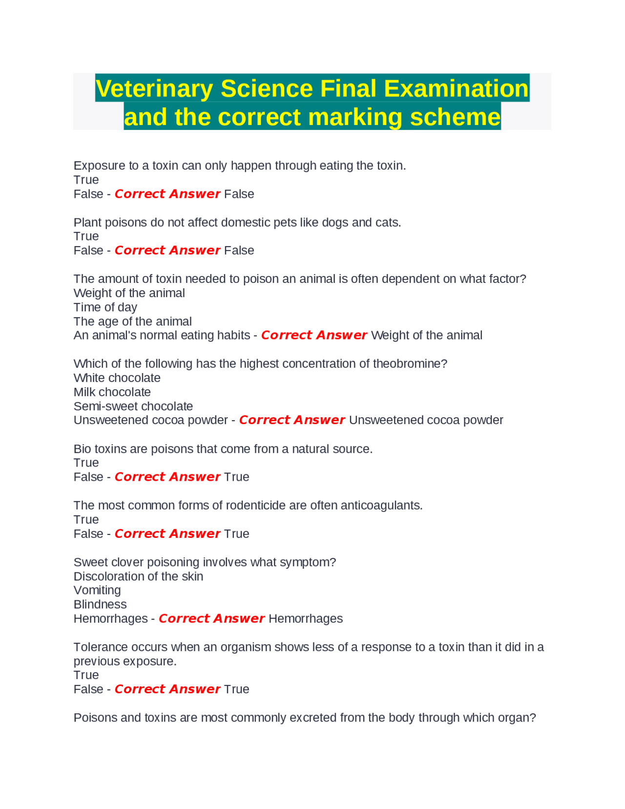 Veterinary Science Final Examination and the correct marking scheme ...