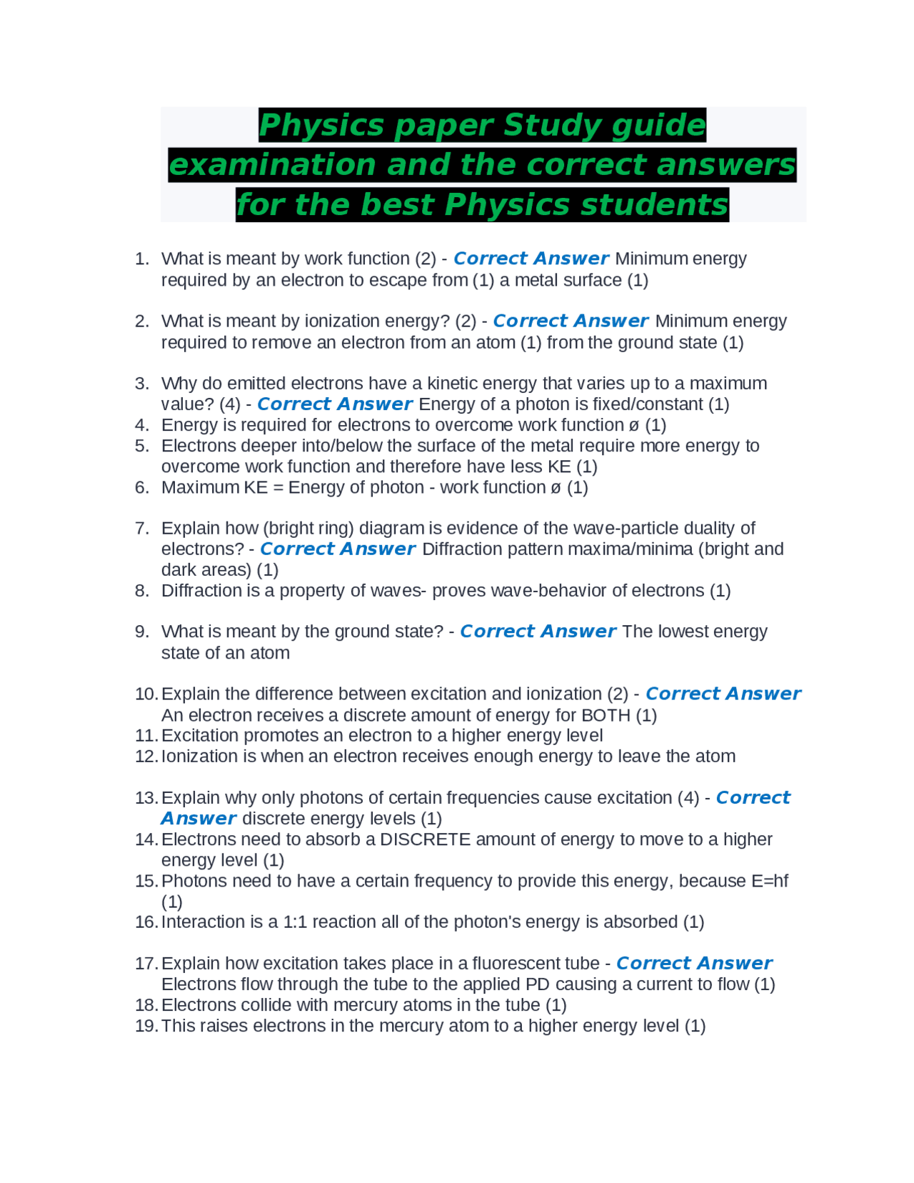 Physics paper Study guide examination and the correct answers for the ...
