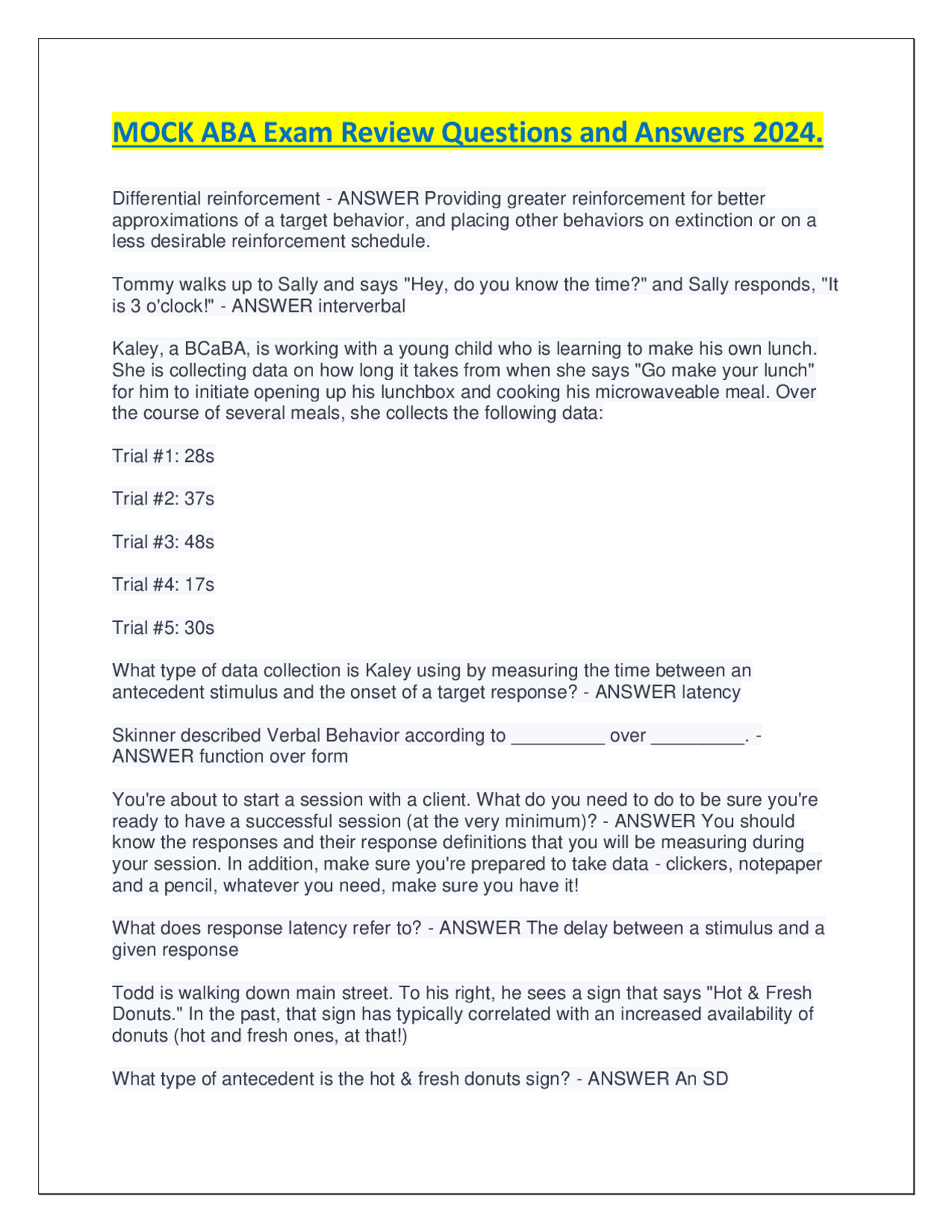MOCK ABA Exam Review Questions and Answers 2024. | Exams Nursing | Docsity