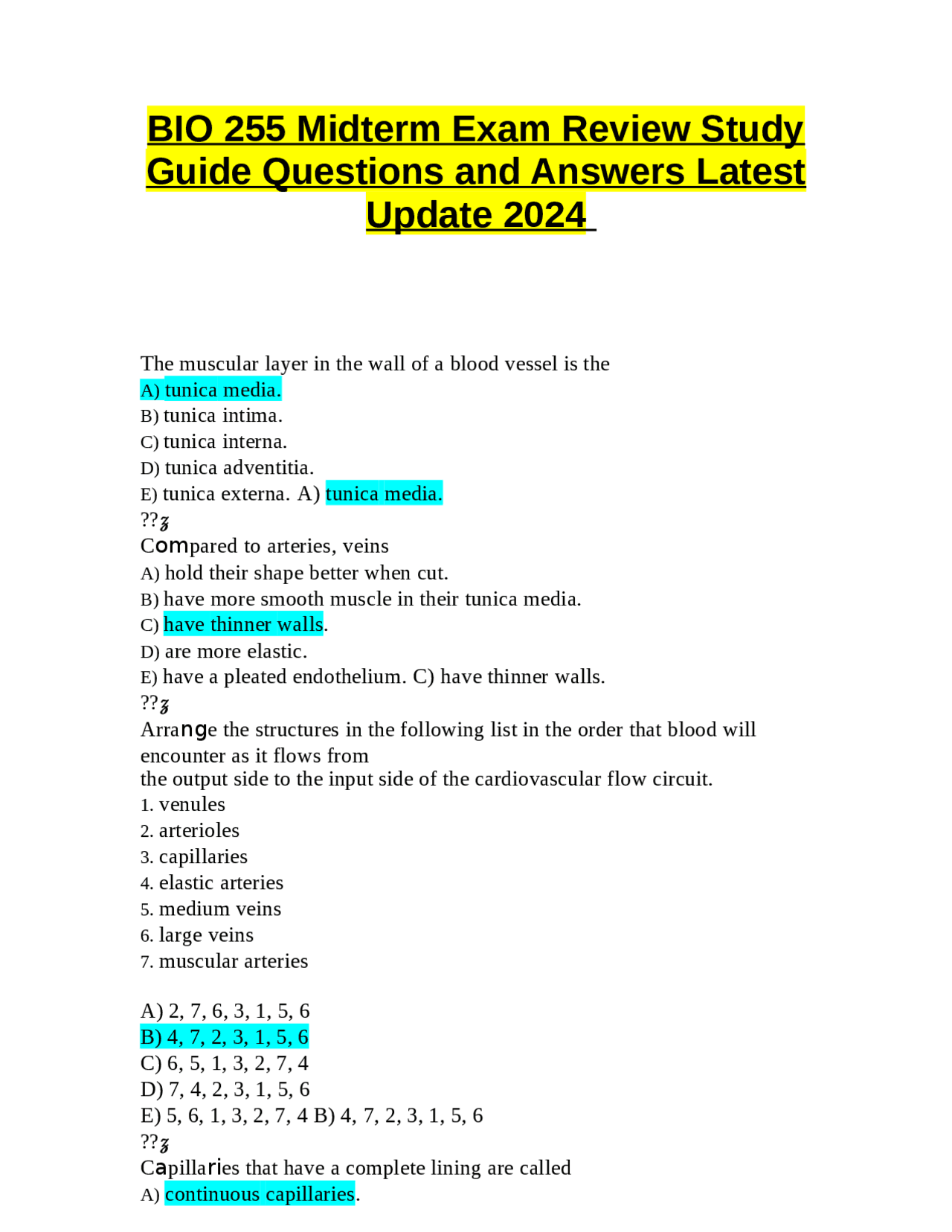 BIO 255 Midterm Exam Review Study Guide Questions and Answers Latest ...