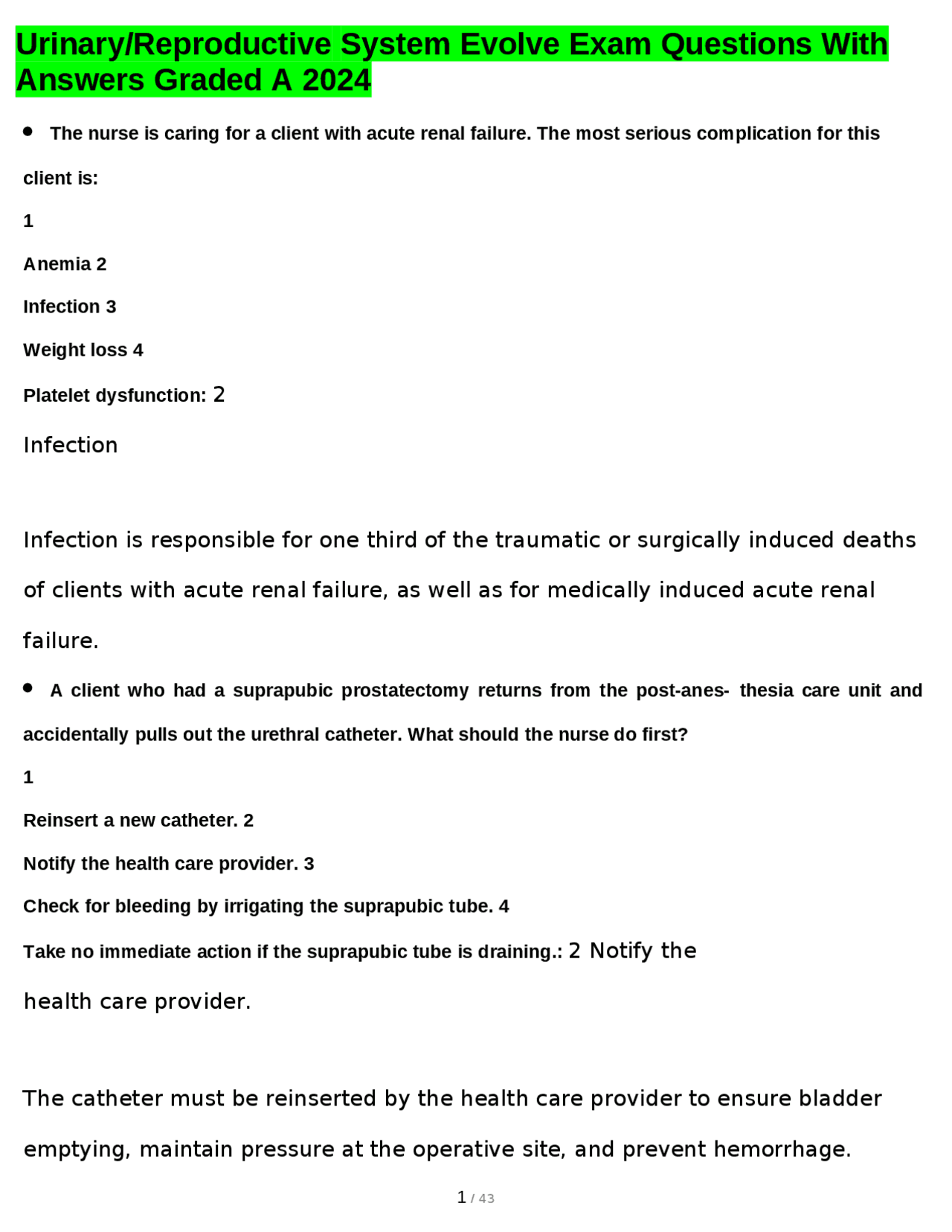 Urinary/Reproductive System Evolve Exam Questions With Answers Graded A ...