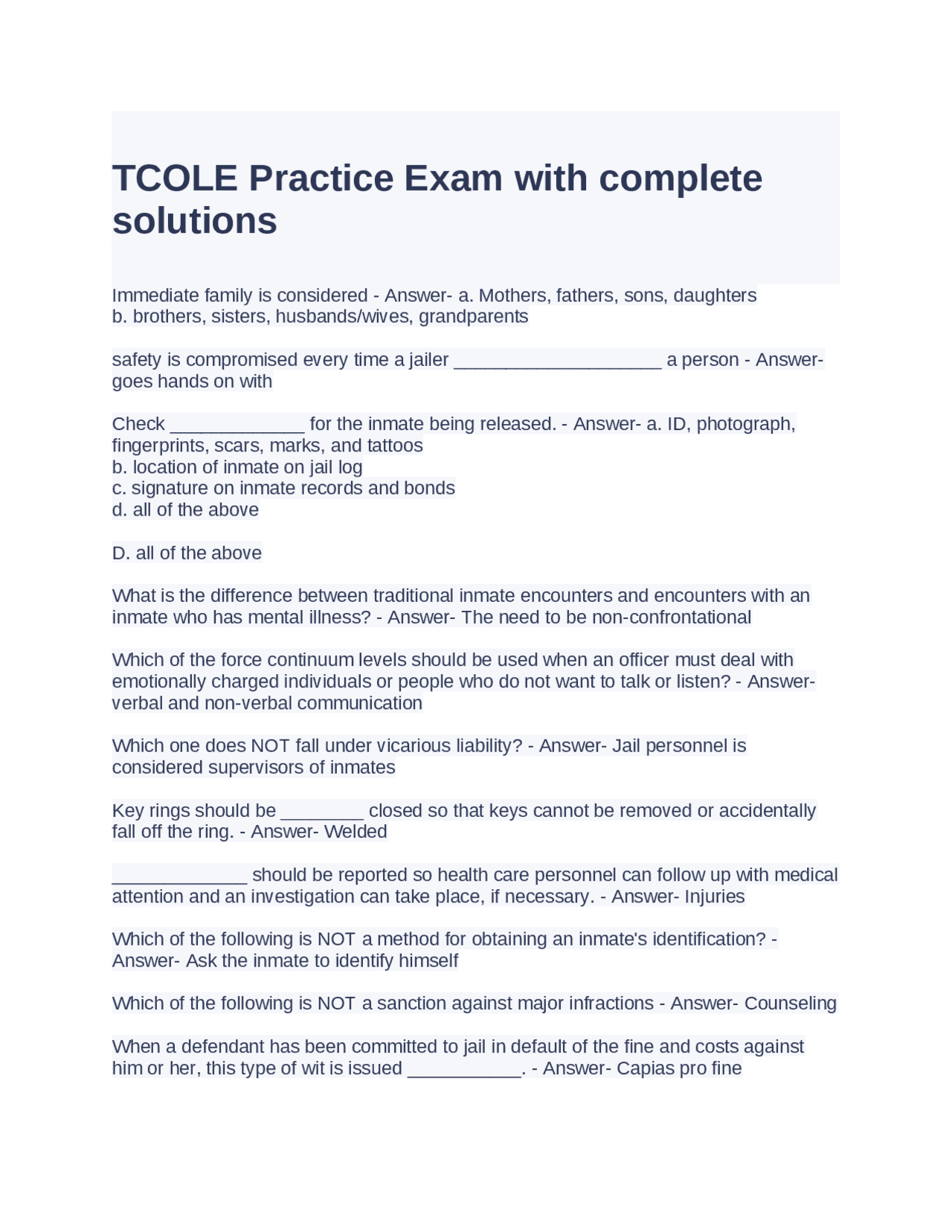 TCOLE Practice Exam with complete solutions | Exams Advanced Education ...
