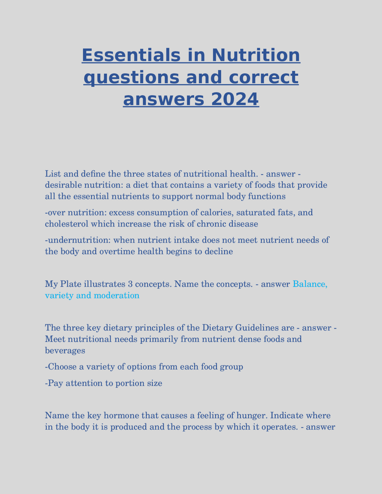 Essentials in Nutrition questions and correct answers 2024 | Exams ...