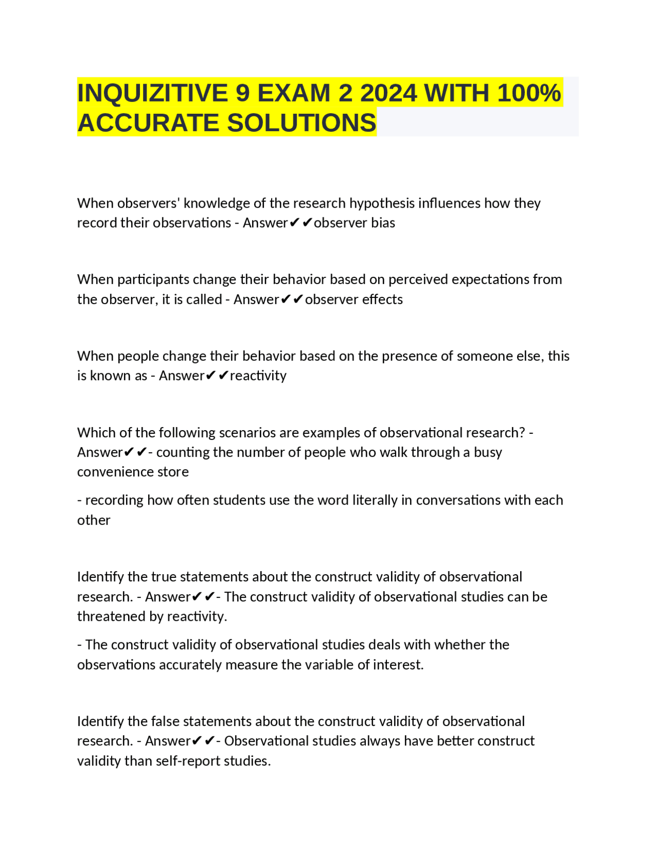 INQUIZITIVE 9 EXAM 2 2024 WITH 100% ACCURATE SOLUTIONS | Exams Nursing ...