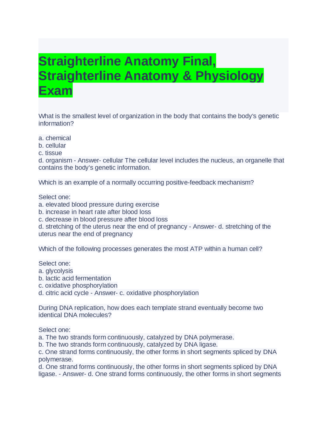 Straighterline Anatomy Final, Straighterline Anatomy & Physiology Exam ...