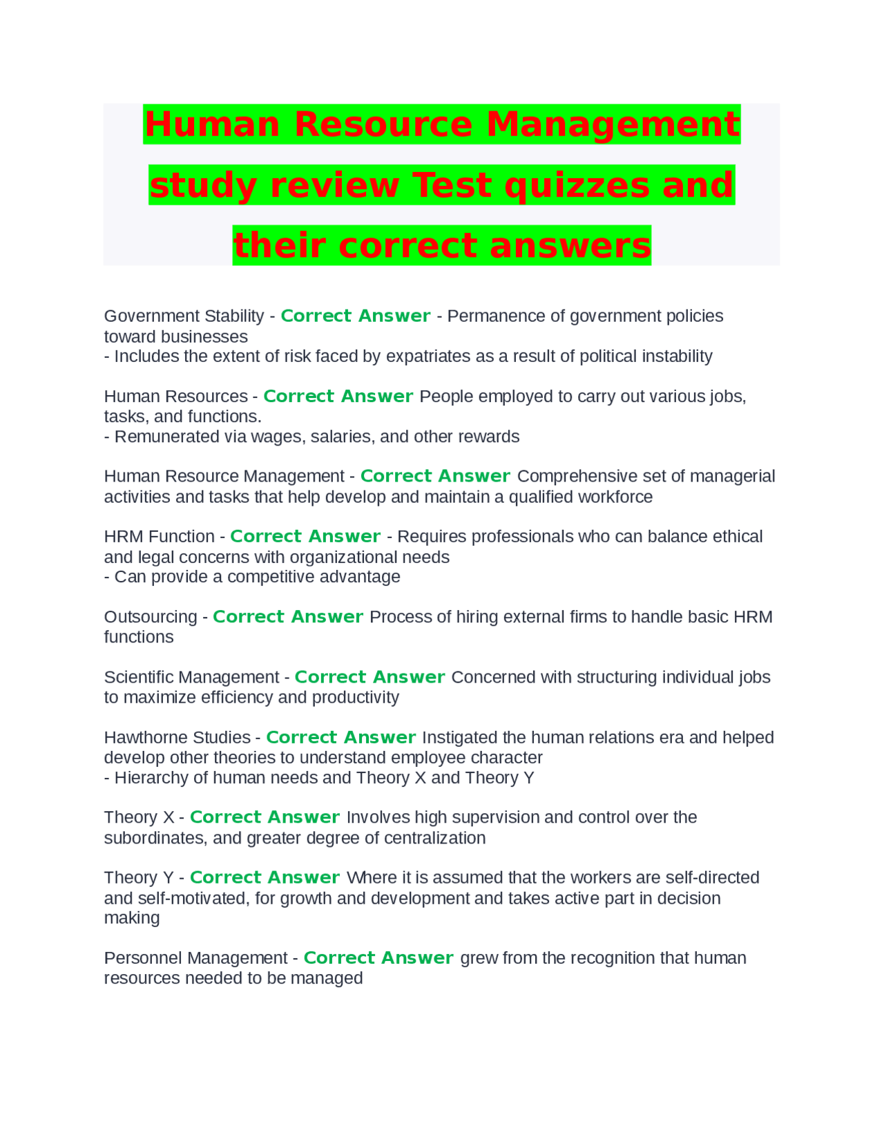 Human Resource Management study review Test quizzes and their correct ...