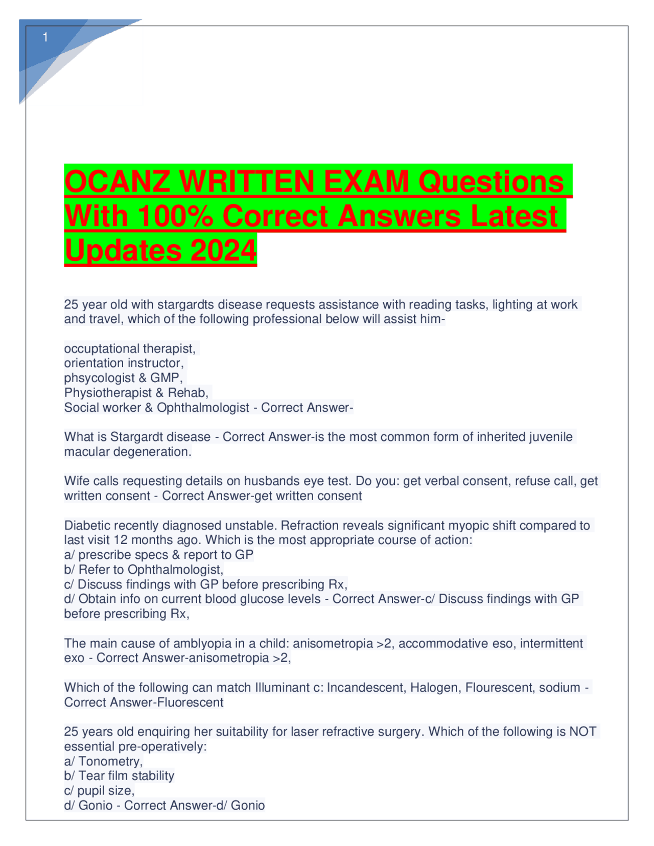 OCANZ WRITTEN EXAM Questions With 100% Correct Answers Latest Updates ...