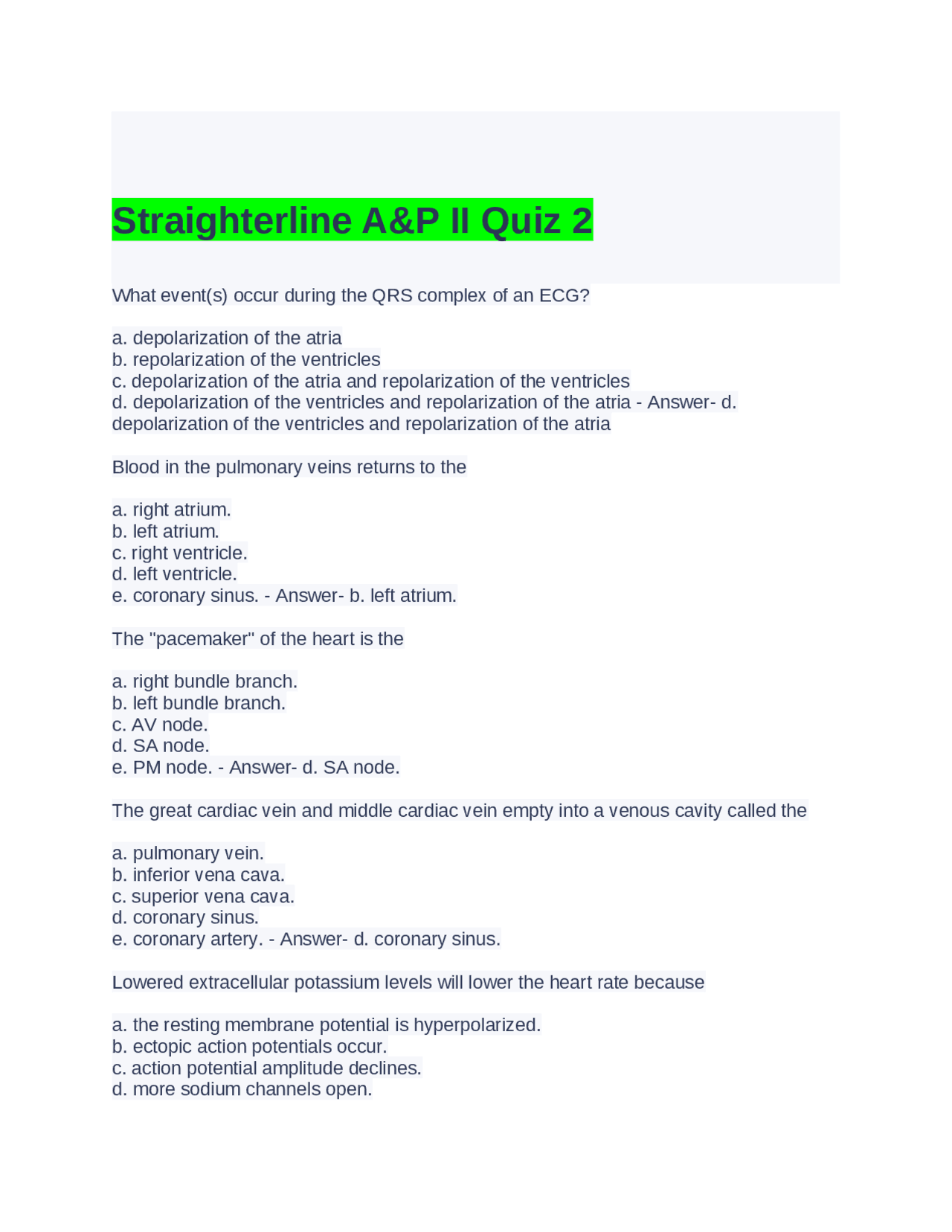 Straighterline A&P II Quiz 2 with complete solutions | Exams Advanced ...