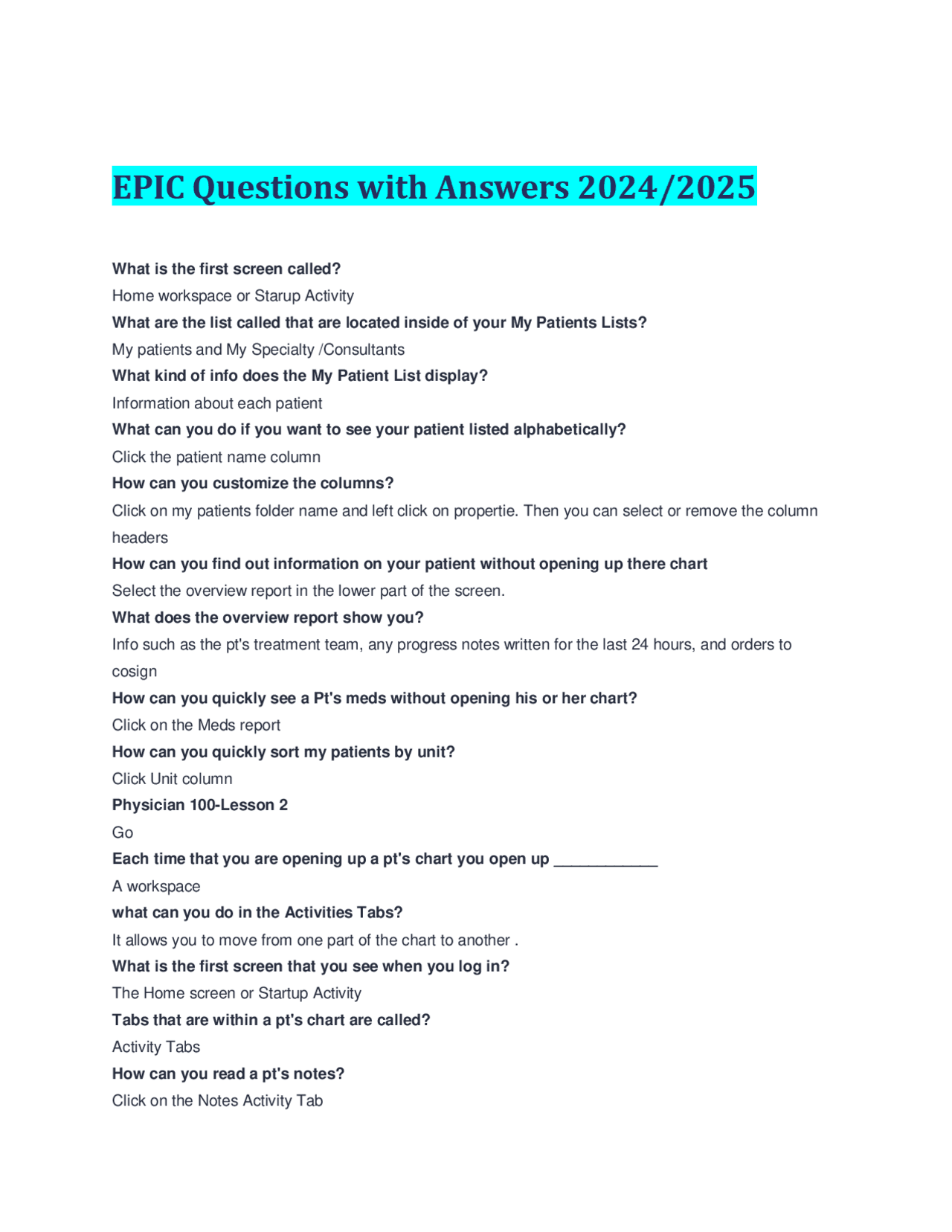EPIC Questions with Answers 2024/2025 | Exams Nursing | Docsity