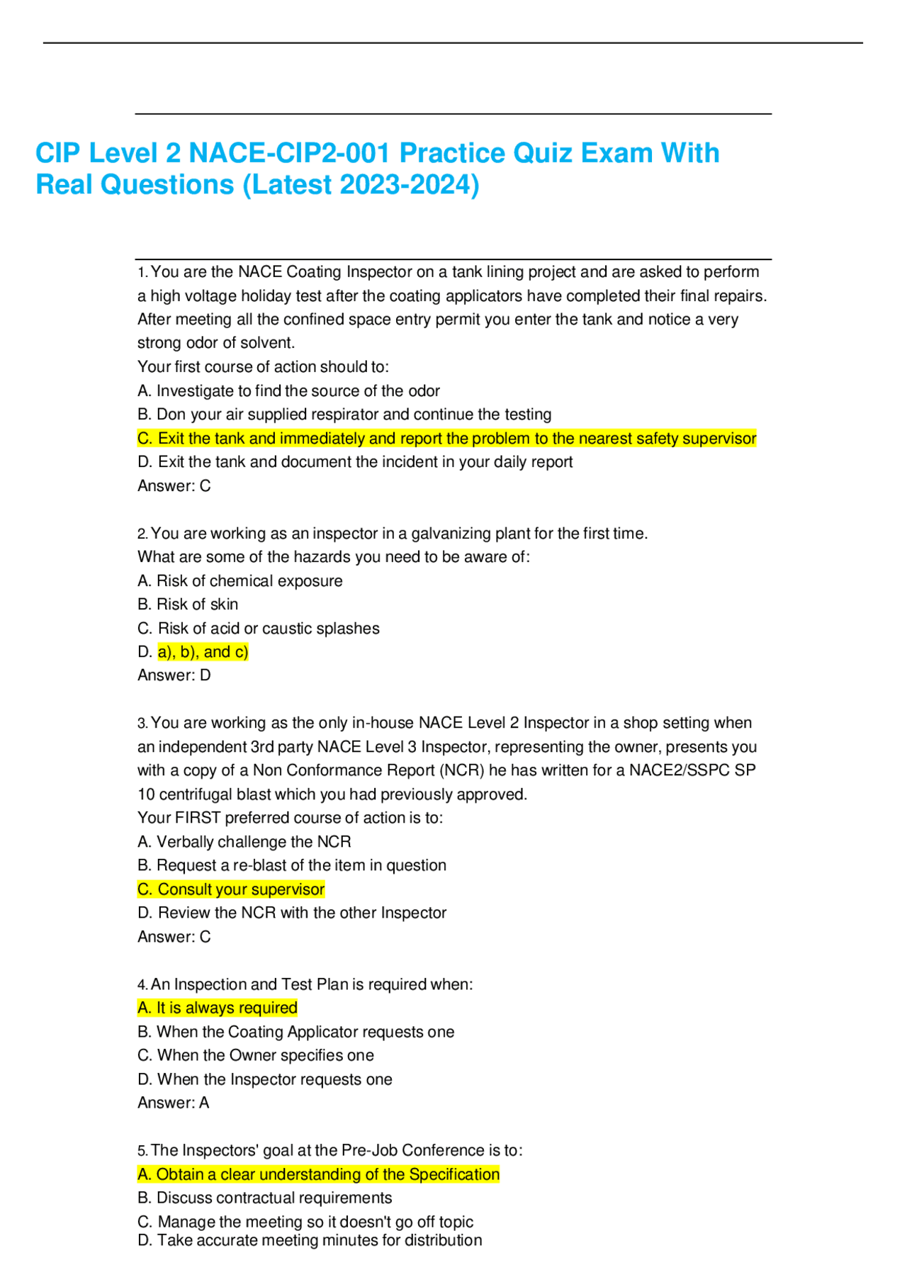 CIP Level 2 NACE-CIP2-001 Practice Quiz Exam With Real Questions ...