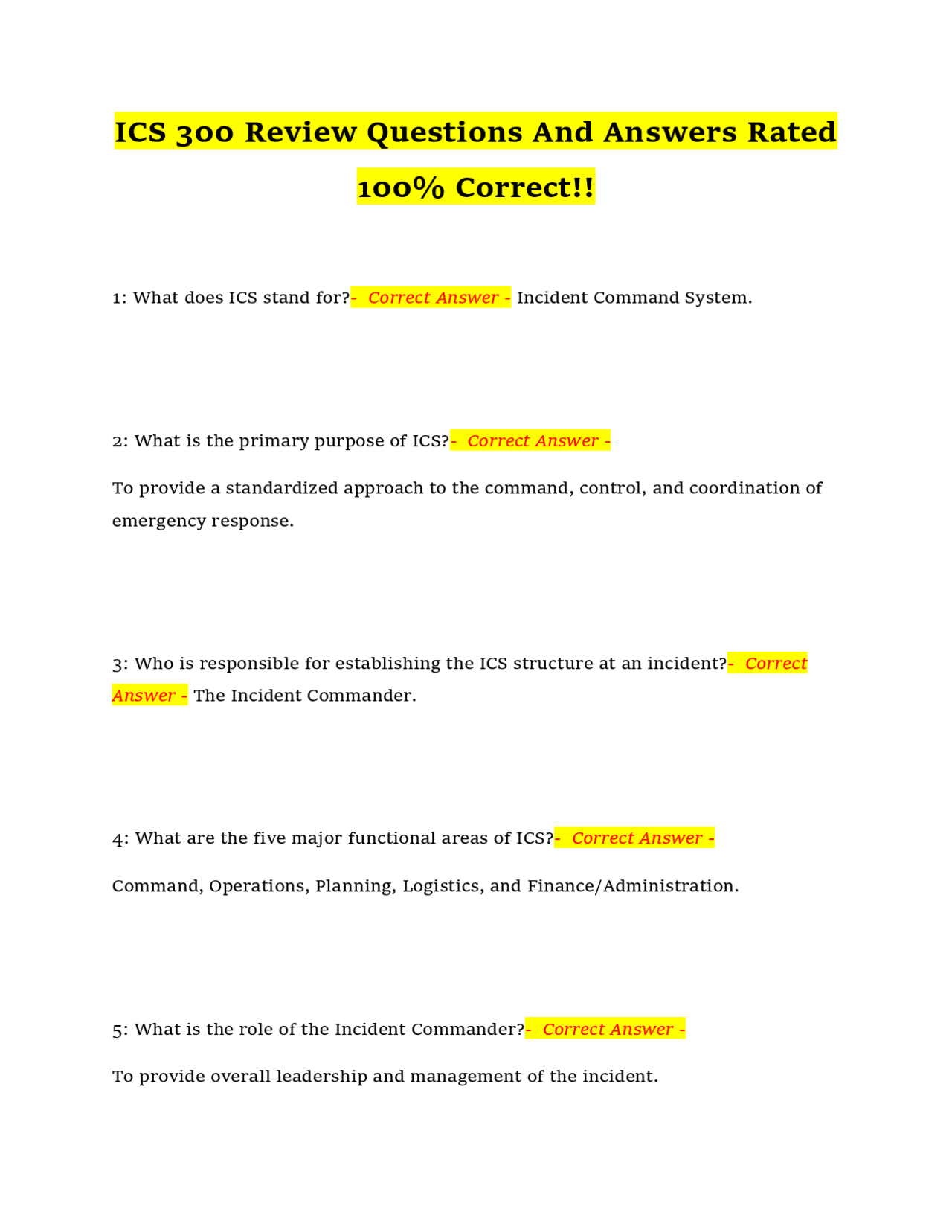 ICS Review Questions And Answers Rated 100% Correct!! | Exams Nursing ...